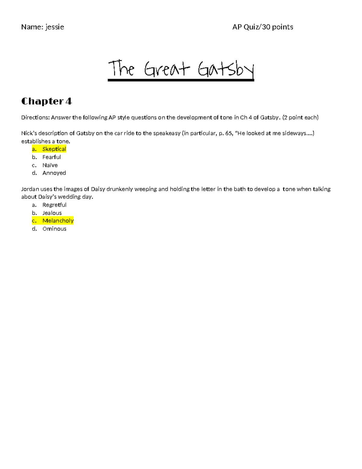 Gatsby Quiz 4-6 AP: Tone Development & Character Analysis - Studocu