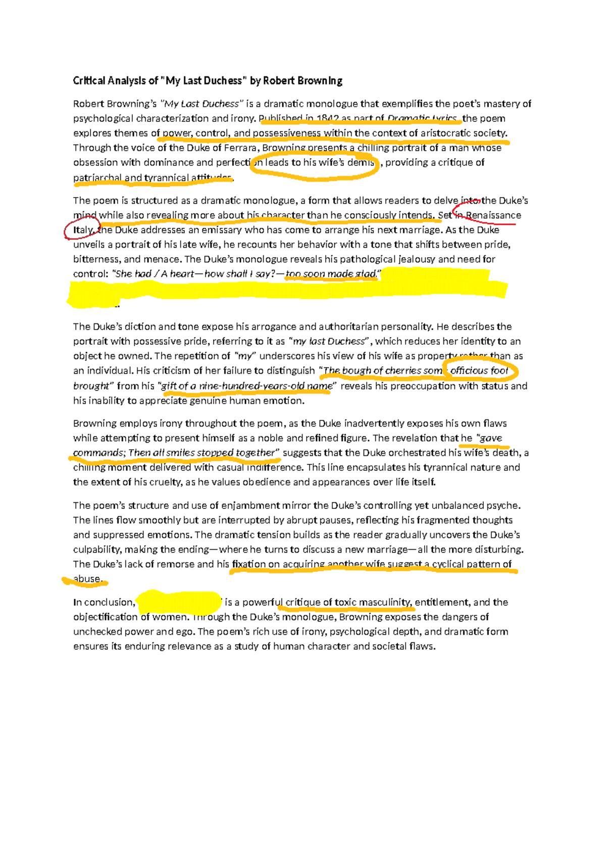Critical Analysis of my last duchess - Critical Analysis of "My Last ...