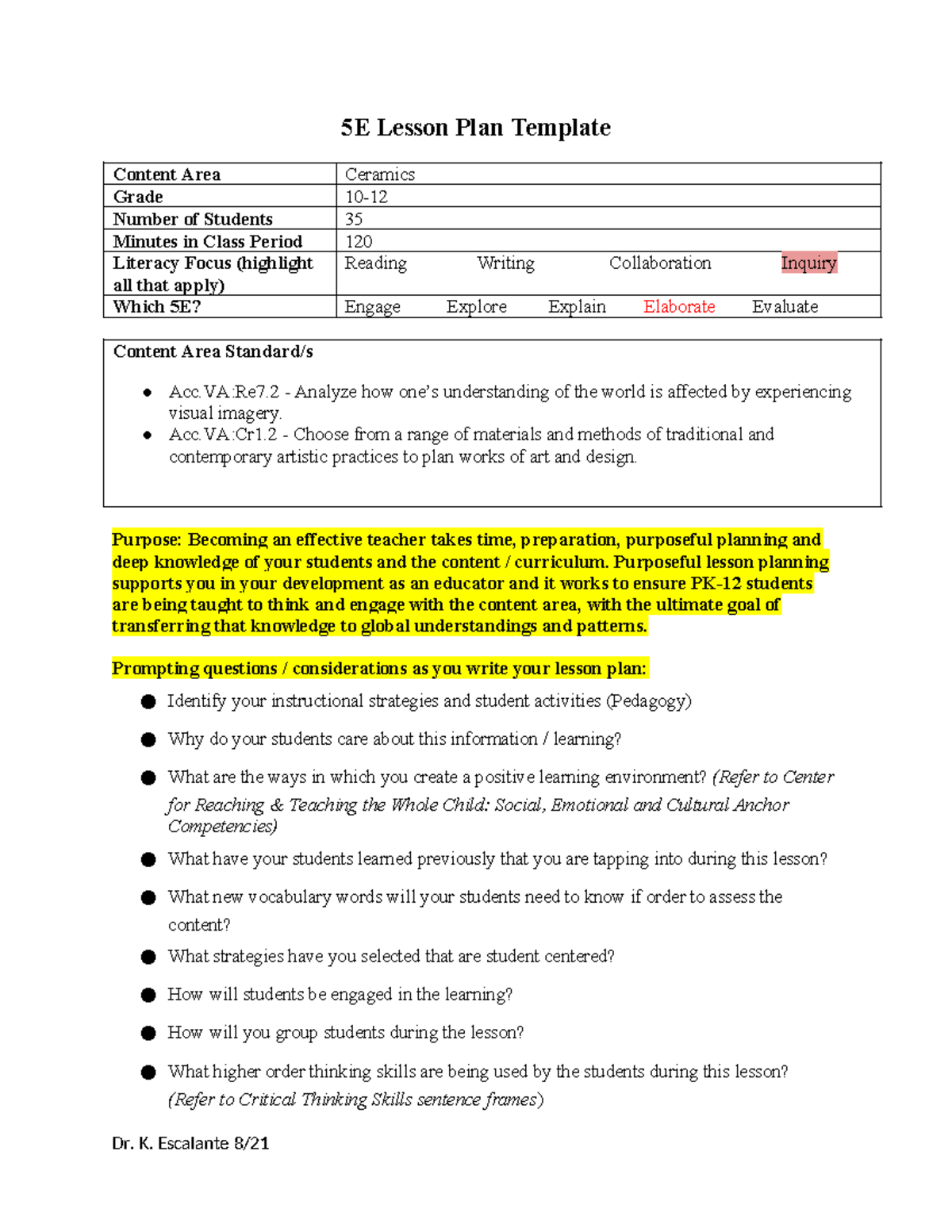 5E Lesson Plan Template for Ceramics (Grade 35) - Dr. K. Escalante ...