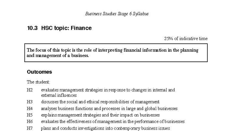 Business Studies Stage 6: HSC Finance Syllabus Overview - Studocu