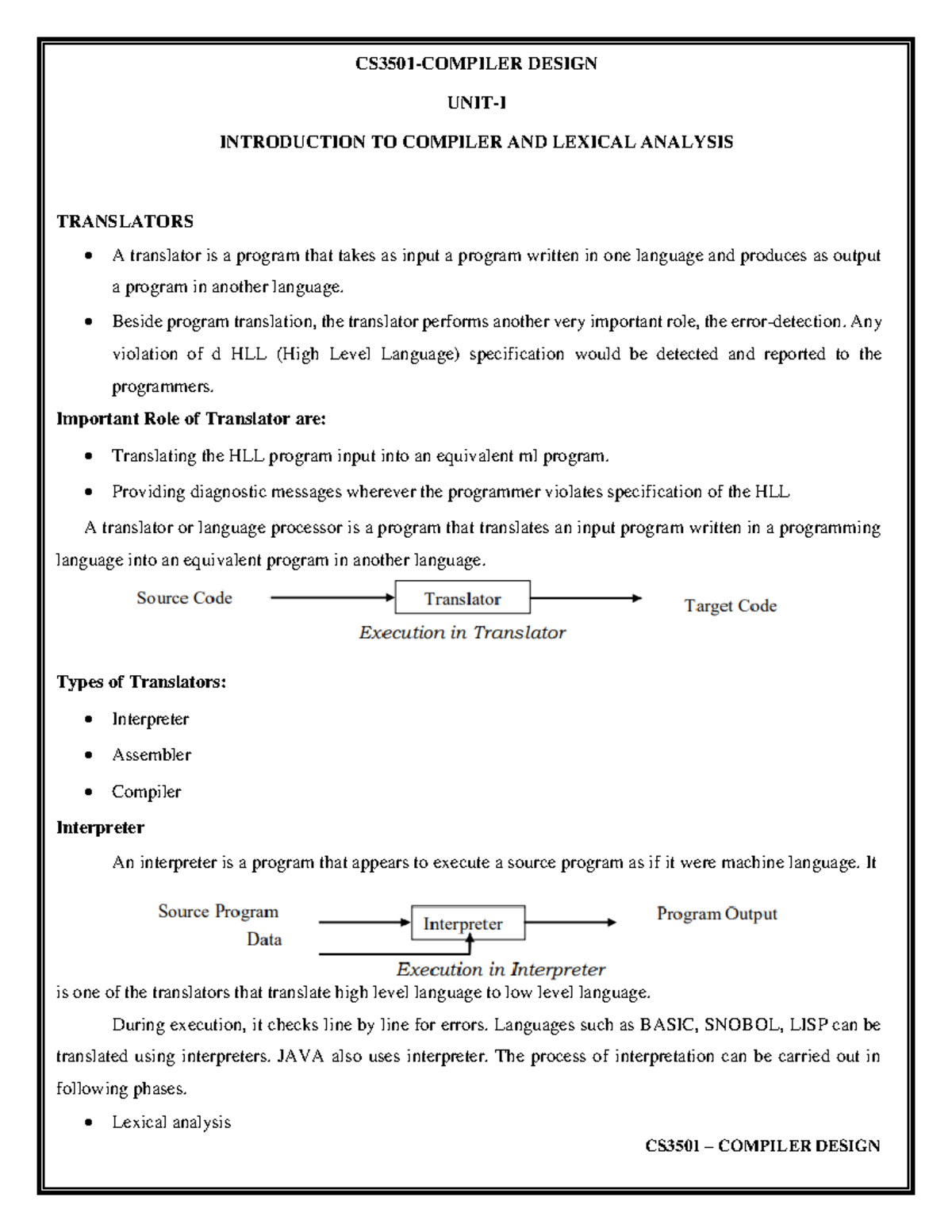 CD Unit-1 - notes - CS3501-COMPILER DESIGN UNIT-I INTRODUCTION TO ...