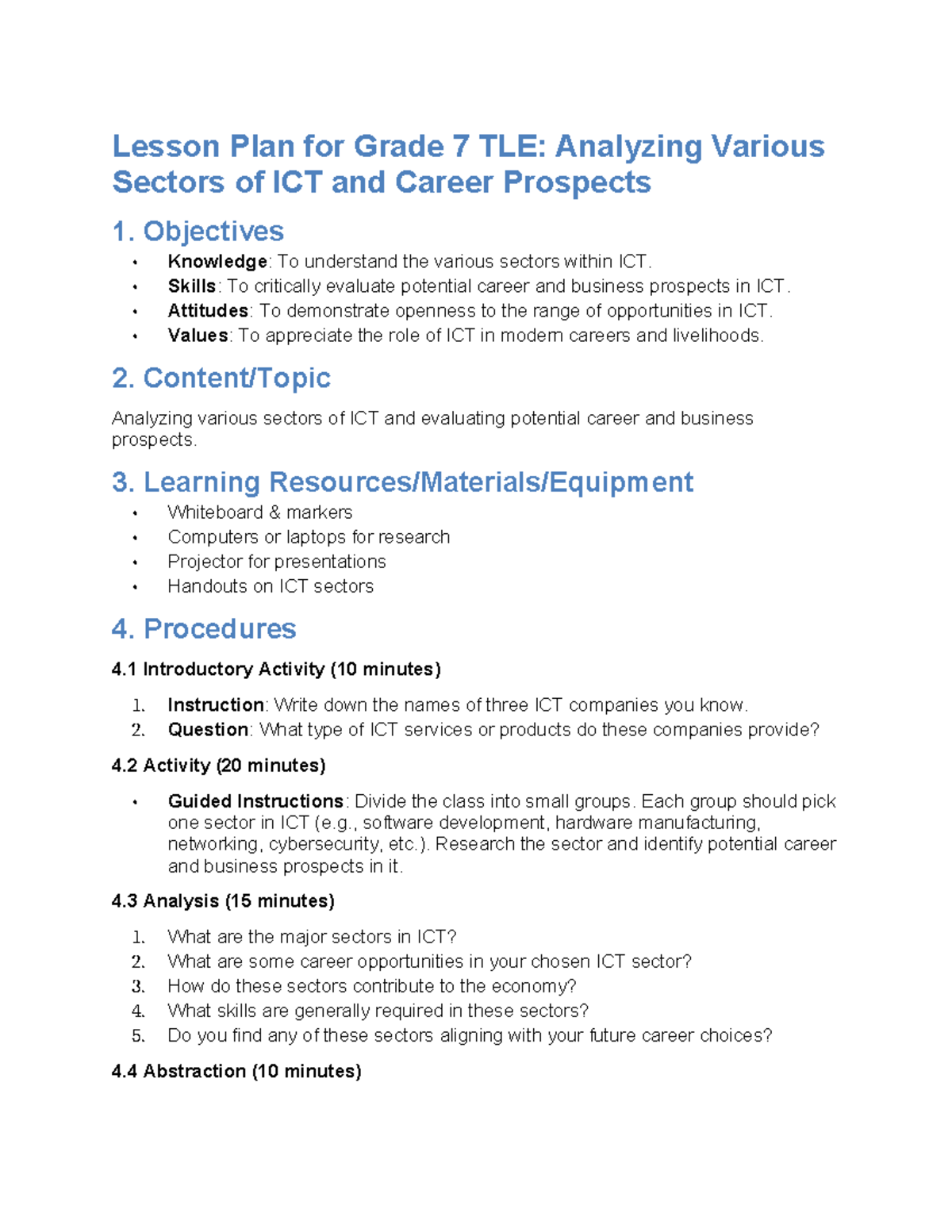 TLE 7 Lesson Plan: ICT Sectors & Career Prospects Analysis - Studocu