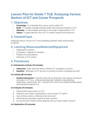 TLE 7 Lesson Plan: ICT Sectors & Career Prospects Analysis - Studocu