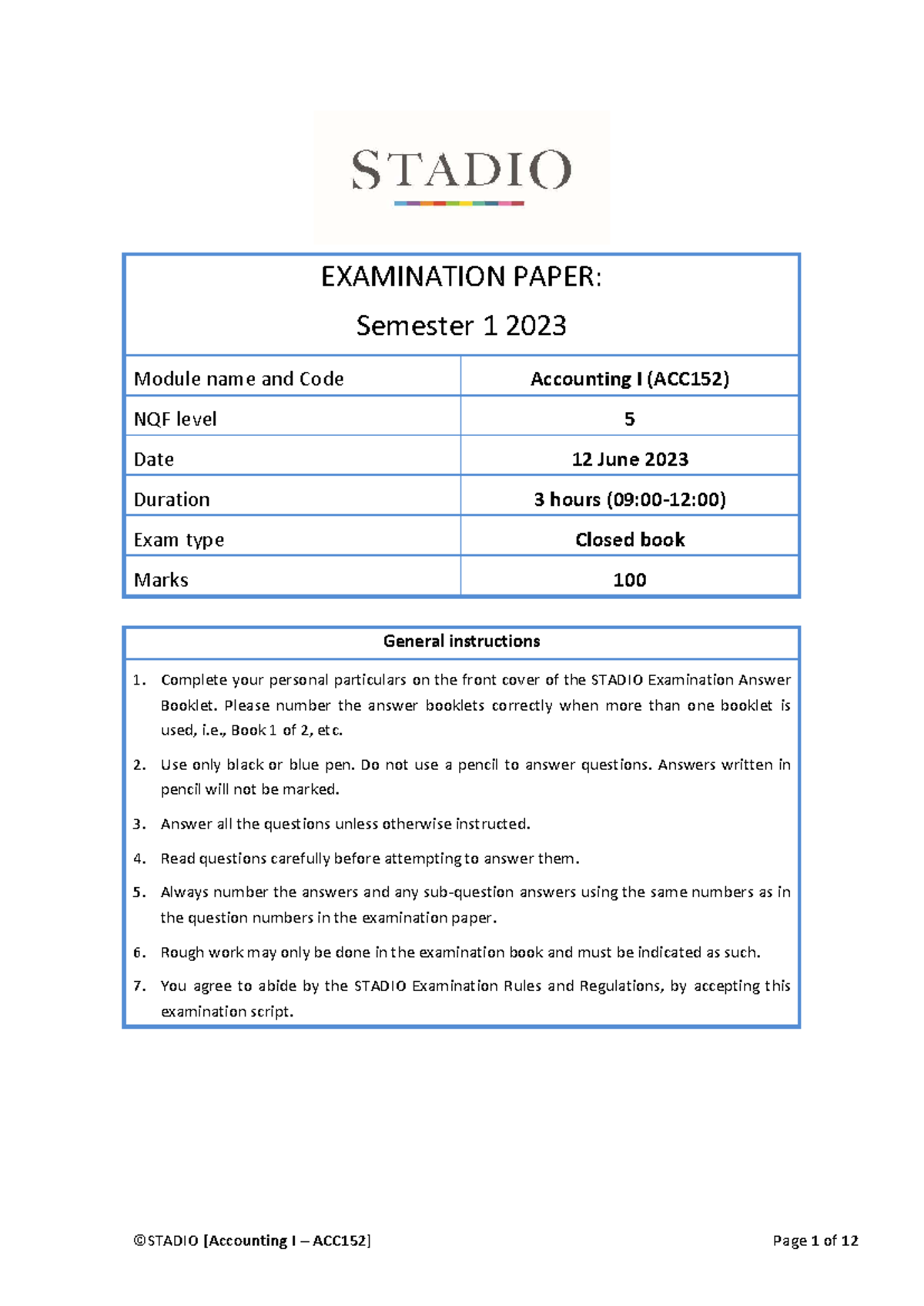 ACC152 2023 Semester 1 Exam Paper: Accounting I (Closed Book) - Studocu
