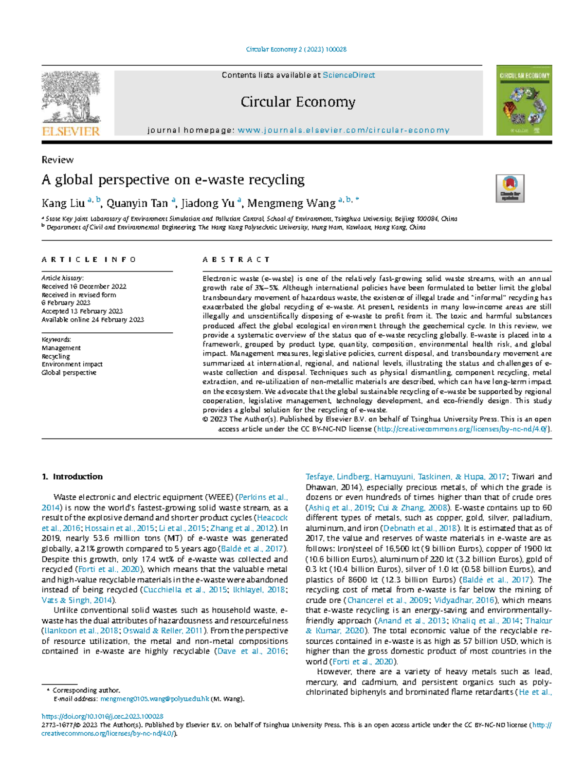 E-waste Recycling - Review A global perspective on e-waste recycling ...