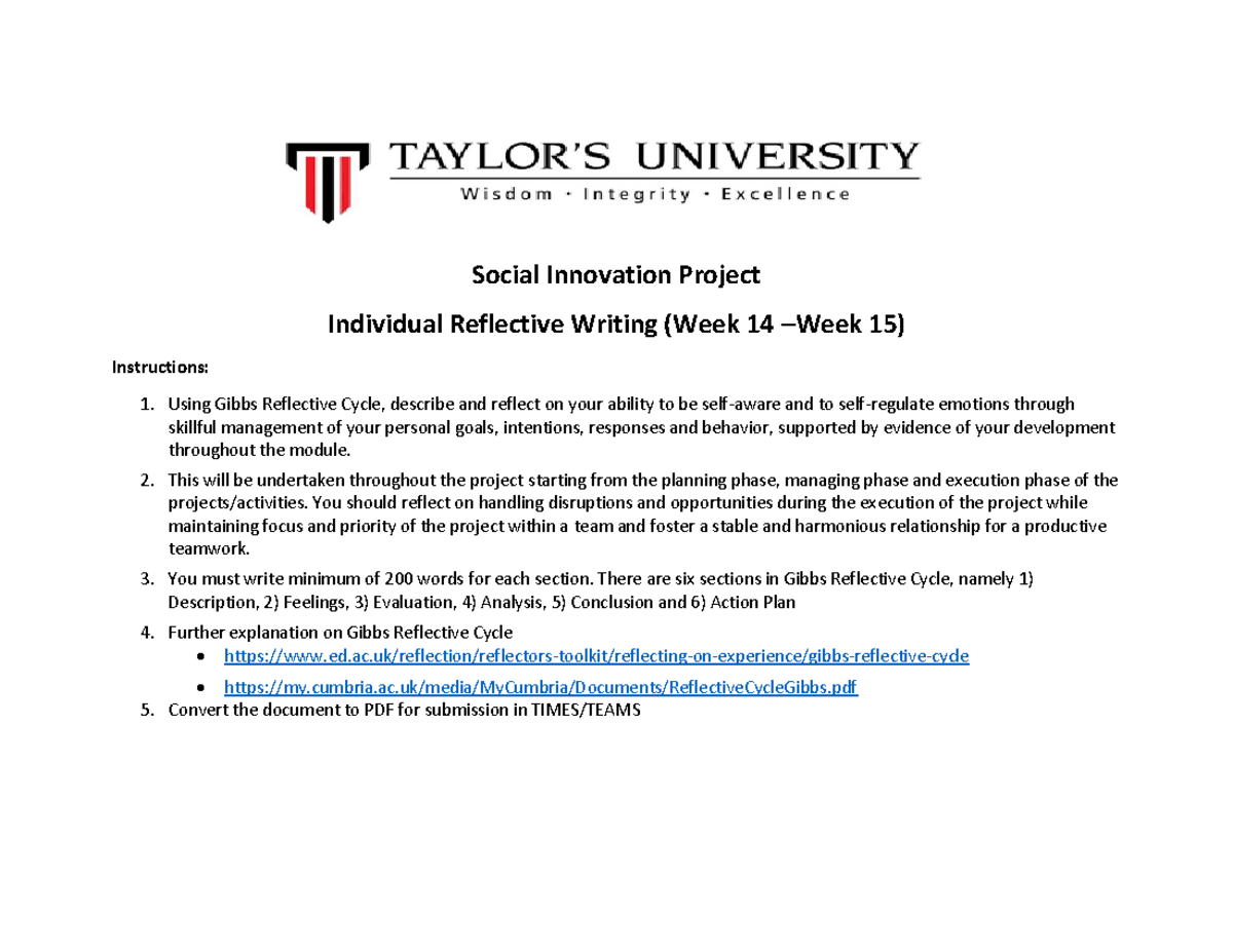 Sample of reflective writing - Social Innovation Project Individual ...