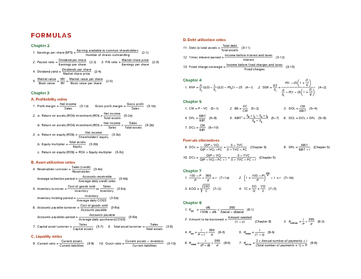 Formula Sheet for Financial Ratios and Market Analysis (Chapter 2-8 ...
