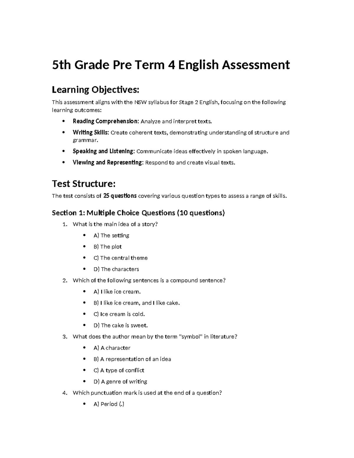 Stage 2 English Pre-Term 4 Assessment: Learning Objectives & Test ...