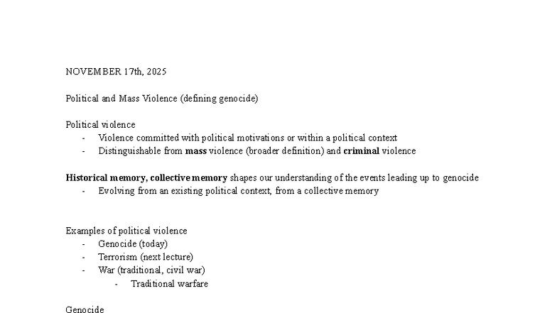 POLS 2601 Week 12: Political Violence and Genocide Case Studies - Studocu