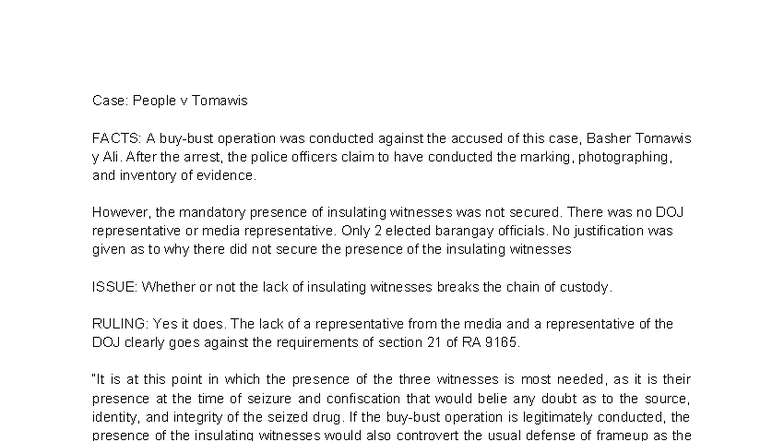 Case Study: People v. Tomawis - Chain of Custody Issues in RA 9165 ...