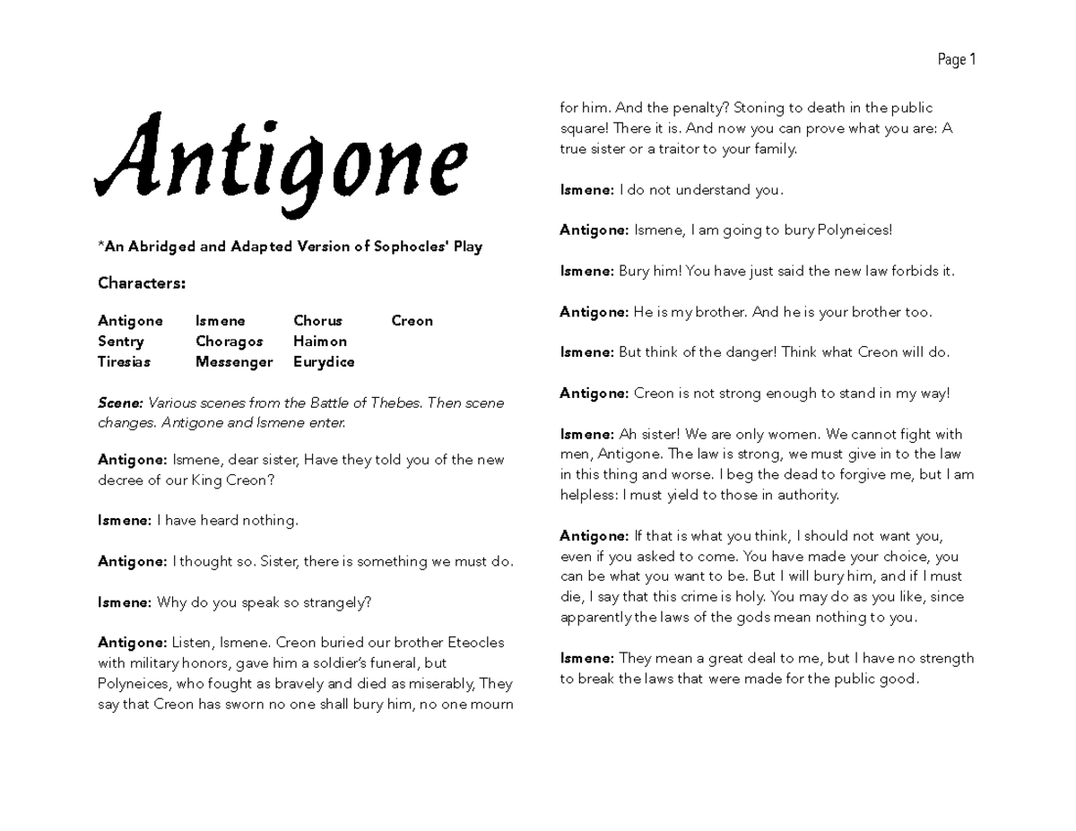 Antigone (ENG 201) Abridged Script: Key Scenes and Dialogues - Studocu