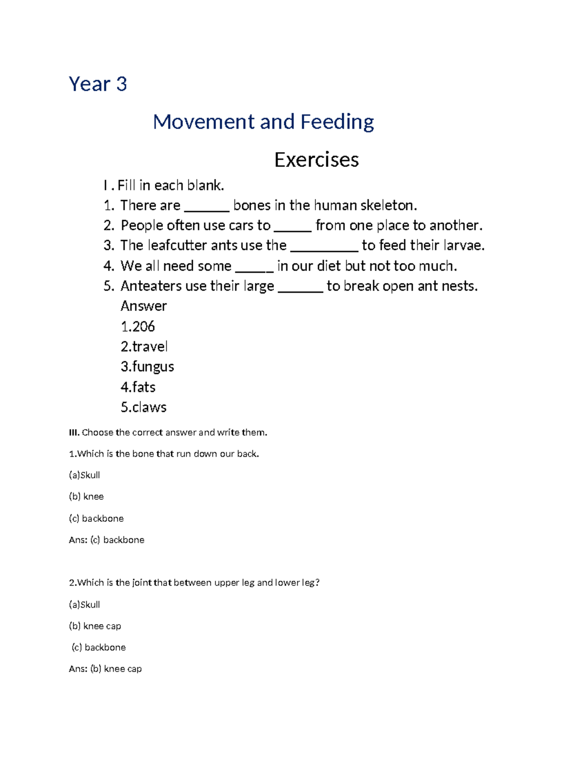 Year 3 Movement & Feeding Exercises I: Fill in the Blanks & Questions ...