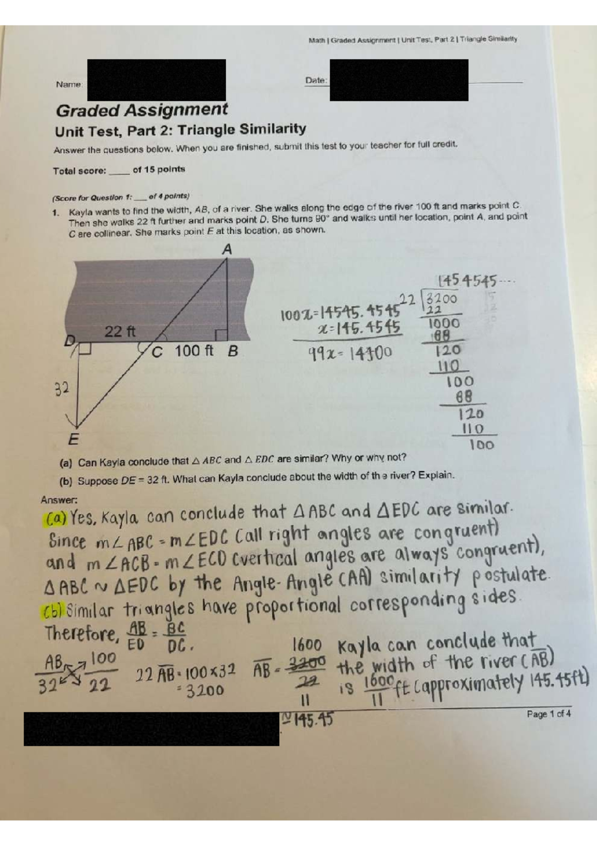 [Honors Geometry] Graded Assignment Triangle Similarity Unit Test ...