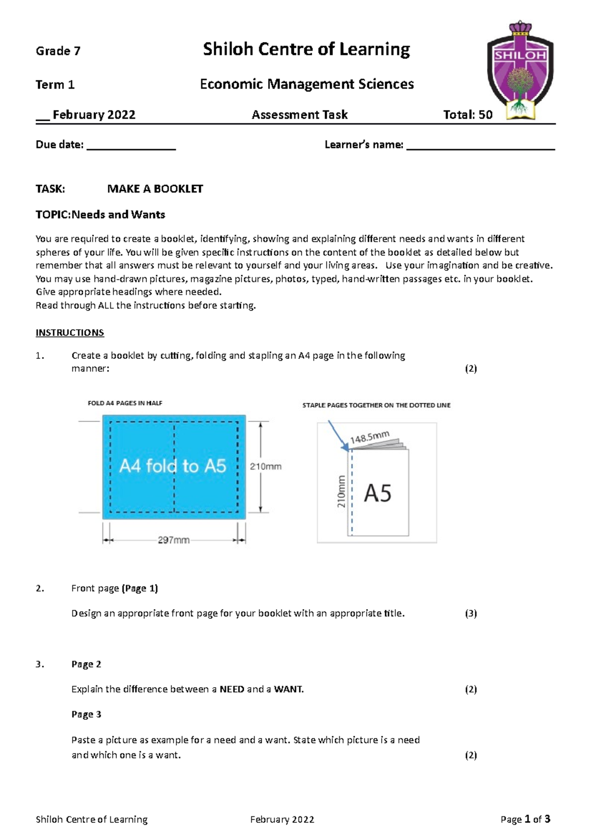 GR7 EMS TERM 1 Assignment 2022 - Grade 7 Shiloh Centre of Learning Term ...