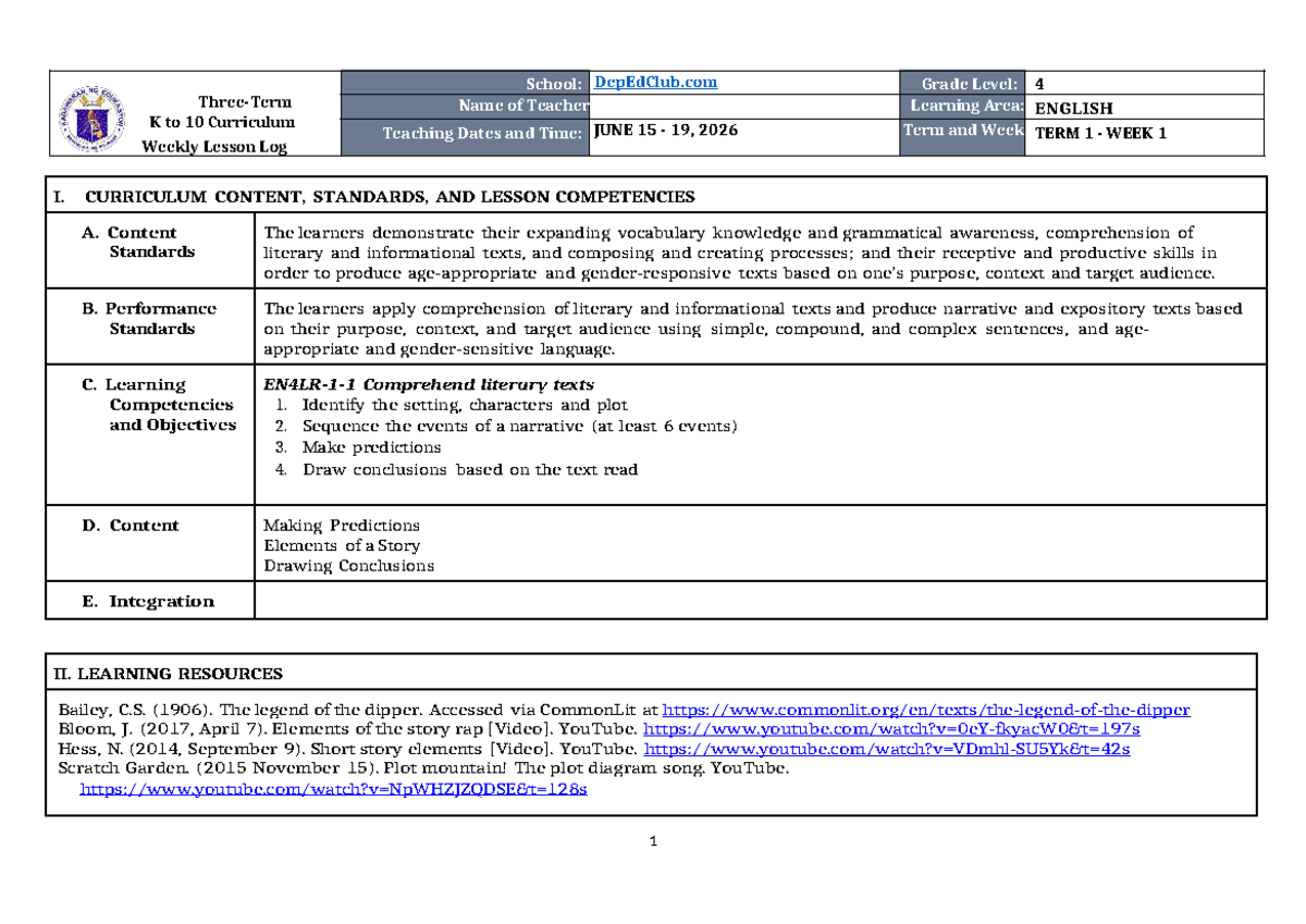 DTC-DLL- English-4 Term 1 Week 1 Lesson Log: Story Elements ...