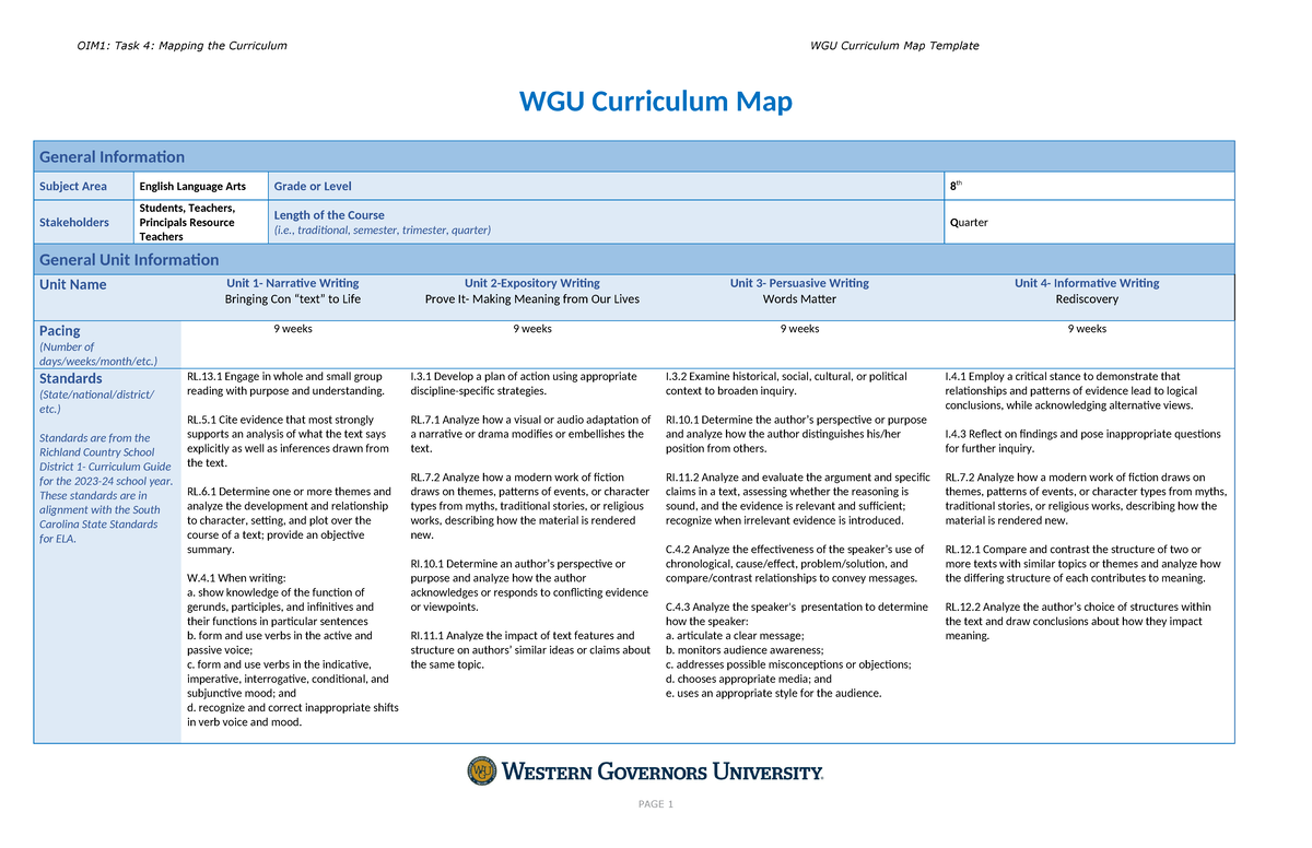 Task 4- WGU Curriculum Map - WGU Curriculum Map General Information ...