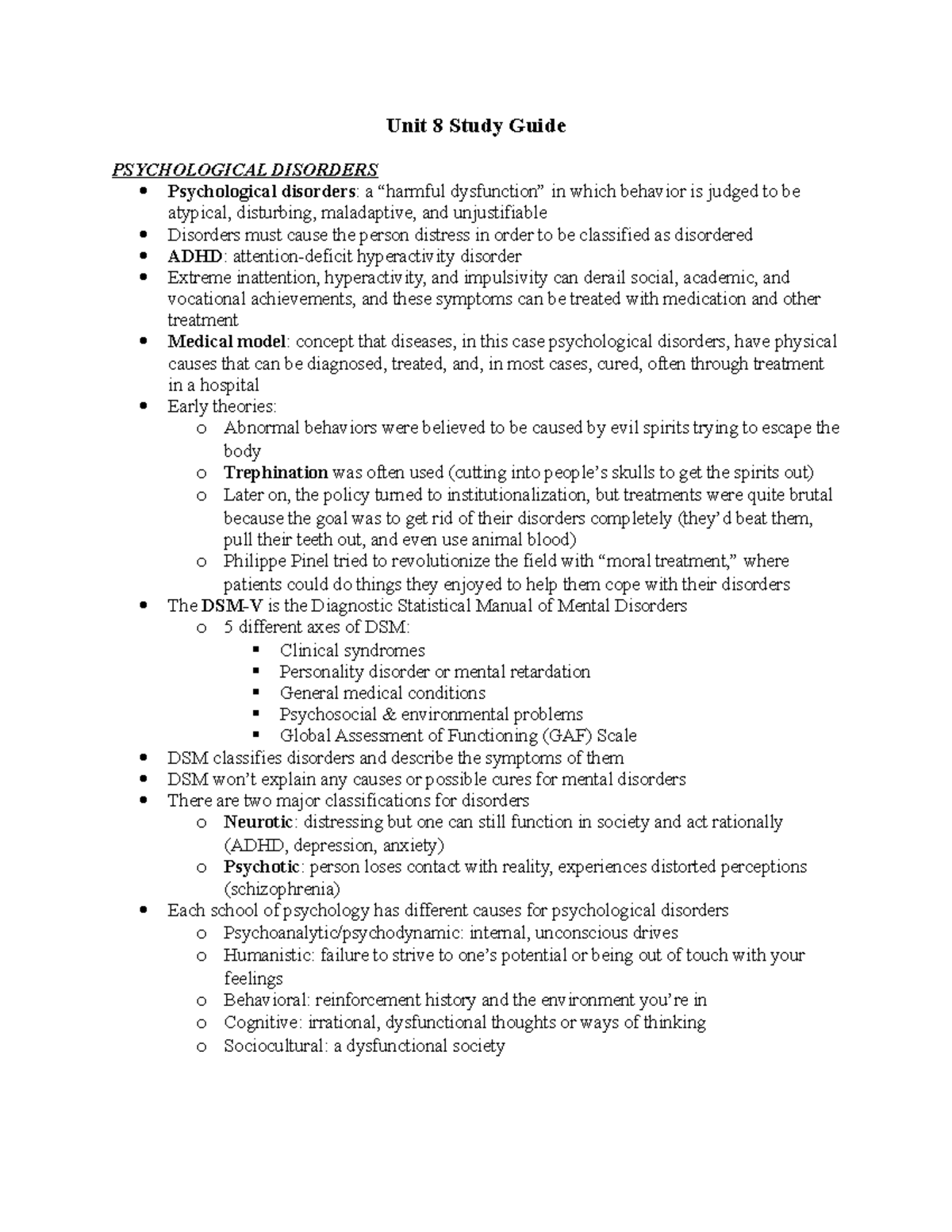 Unit 8 - AP Psychology Study Guide: Psychological Disorders & Therapy ...