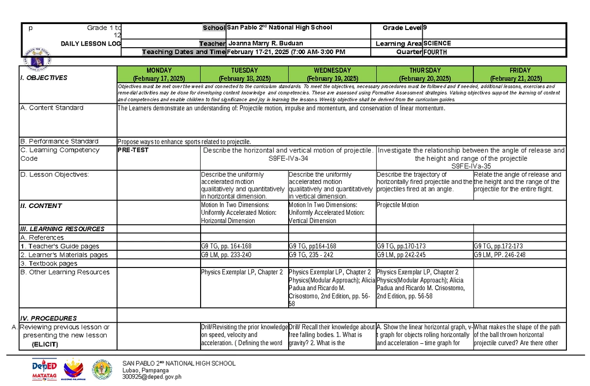 Week 4 Lesson Log: Science Grade 8 - Inheritance Patterns and Organ ...