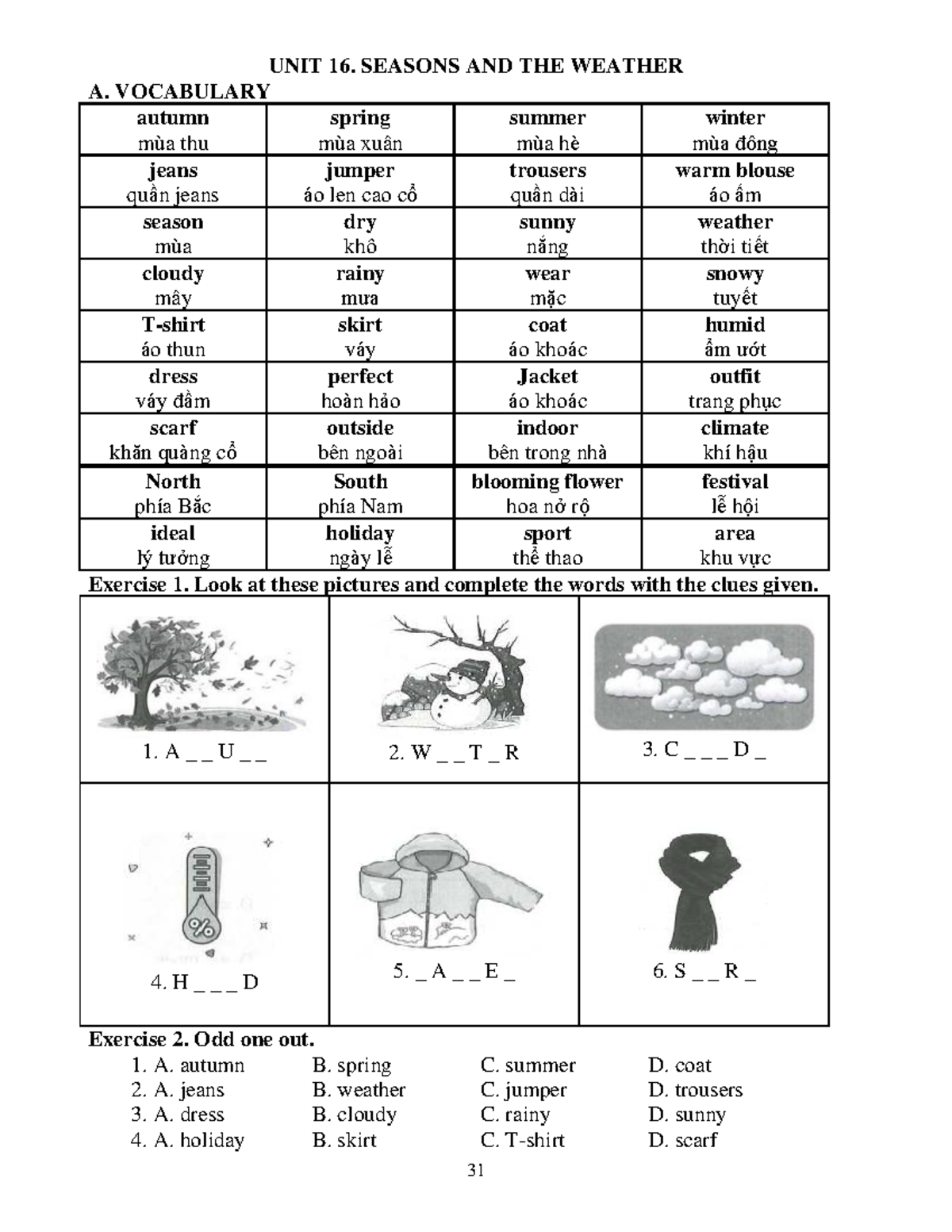 Unit 16: Seasons and Weather Vocabulary & Exercises - Studocu