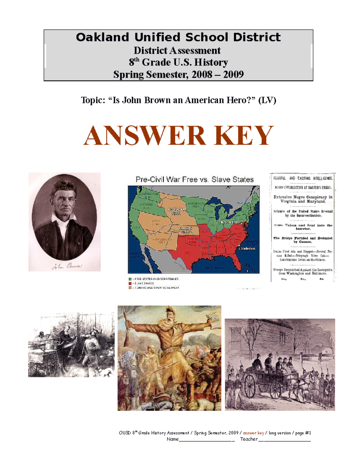 8th Grade U.S. History Assessment Answer Key: John Brown's Legacy ...