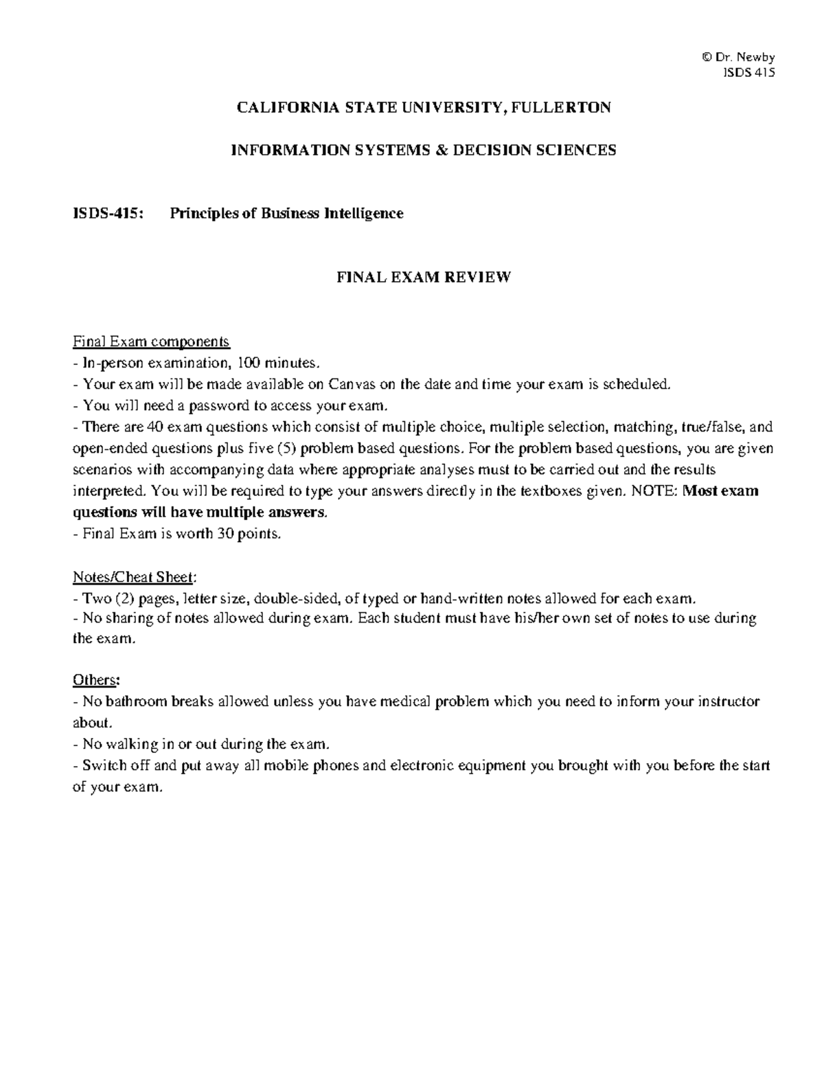 ISDS 415 Final Exam Review - Principles of Business Intelligence - Studocu