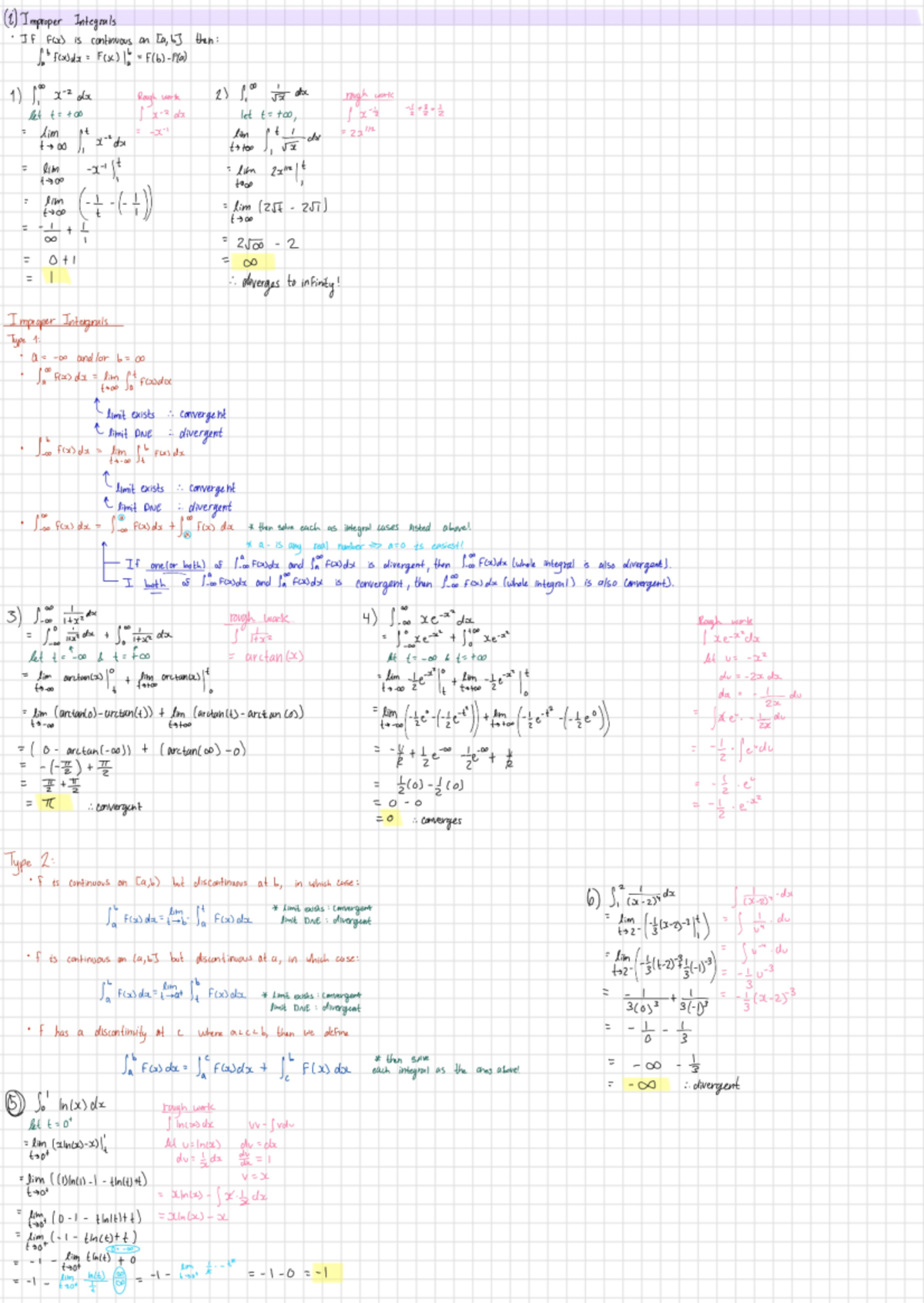 Improper Integral Notes for Math 241: Convergence and Divergence - Studocu
