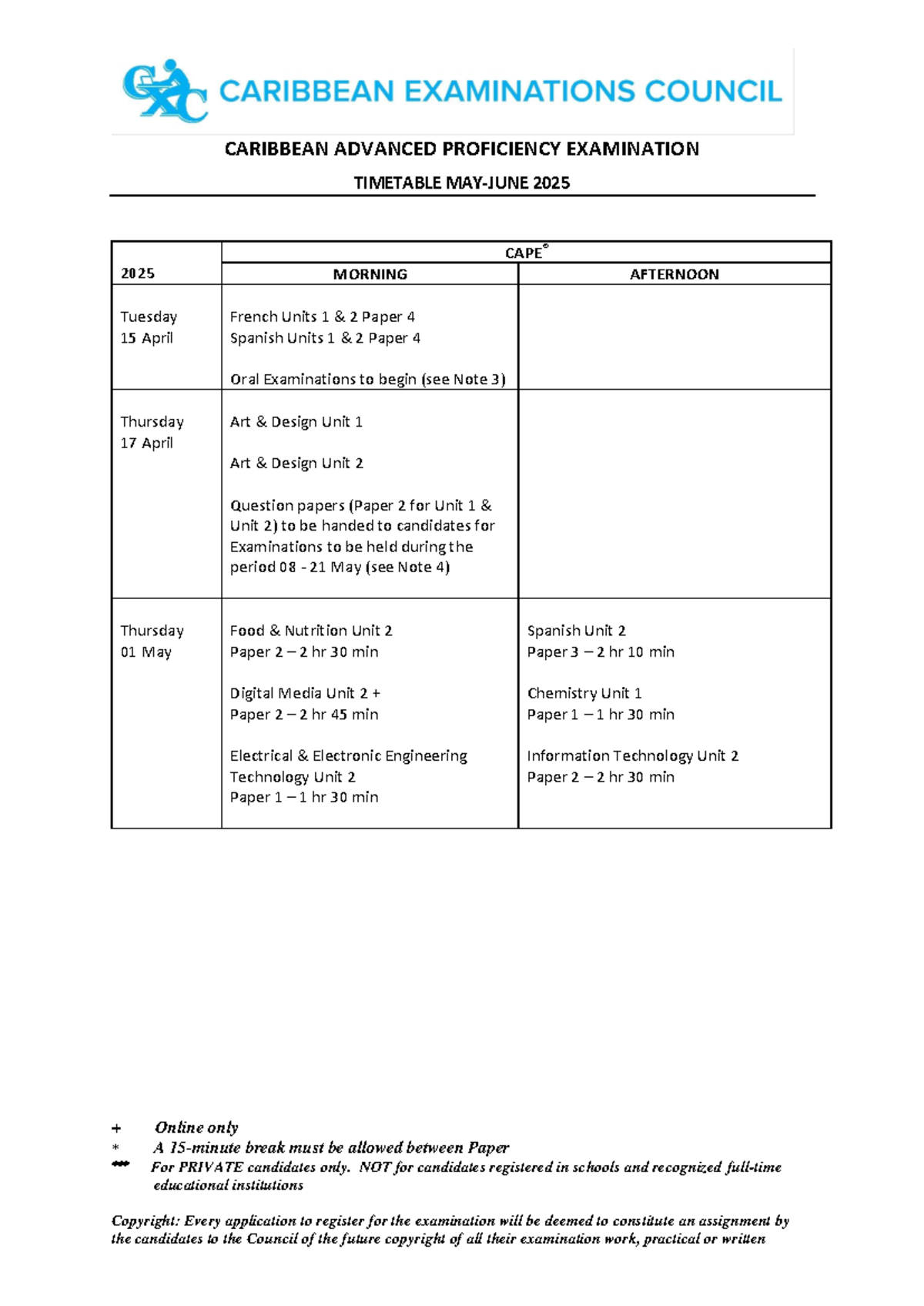 CAPE® Timetable for May-June 2025: Important Dates & Sessions - Studocu