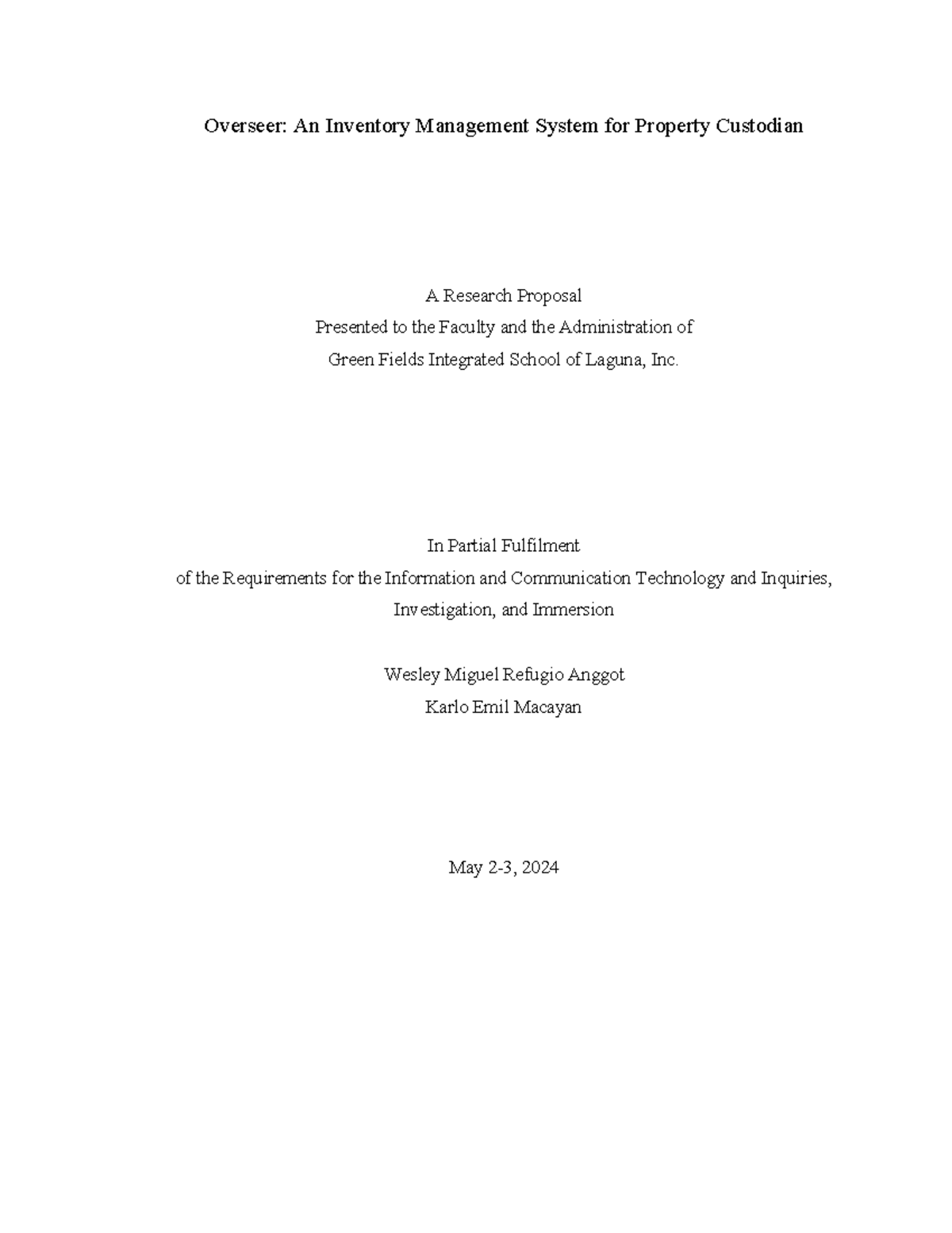 Overseer: Computer Lab Inventory Management Proposal for ICT 2024 - Studocu