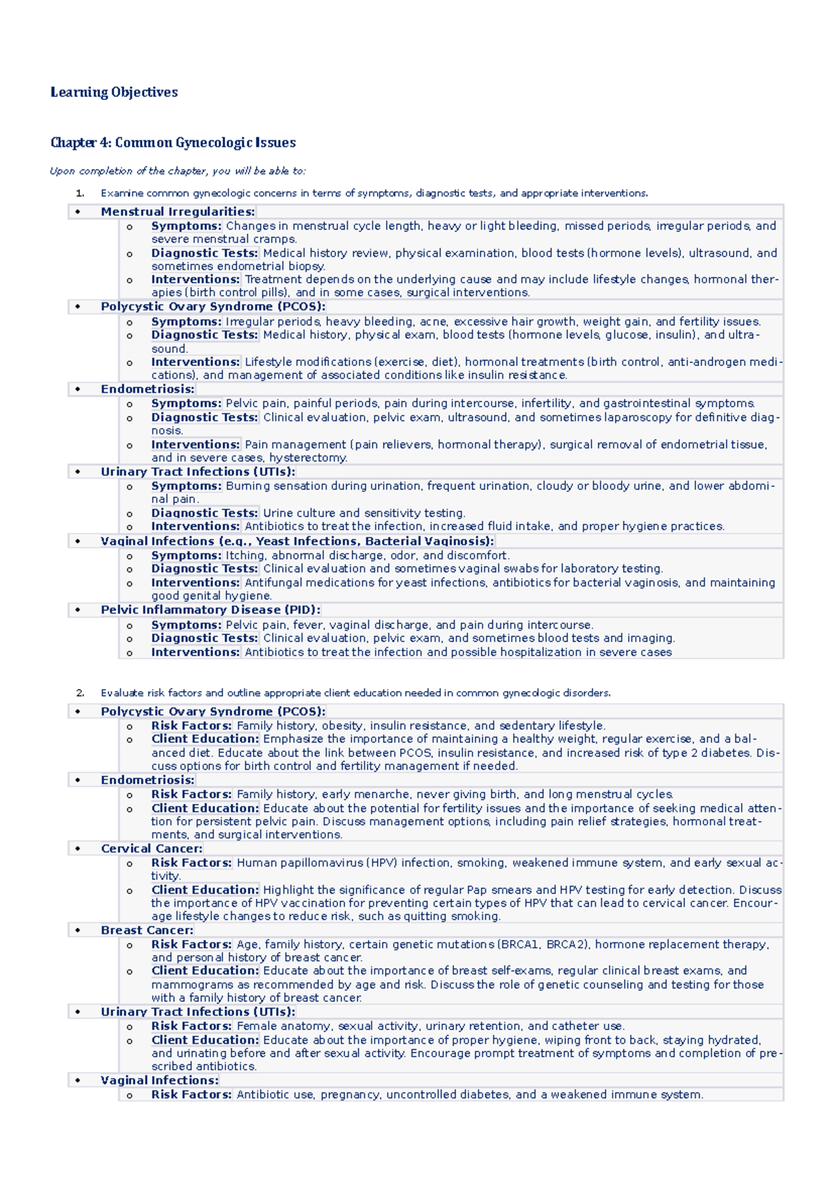 Ricci Ess 5e LO Chapter 4: Common Gynecologic Issues Overview - Studocu