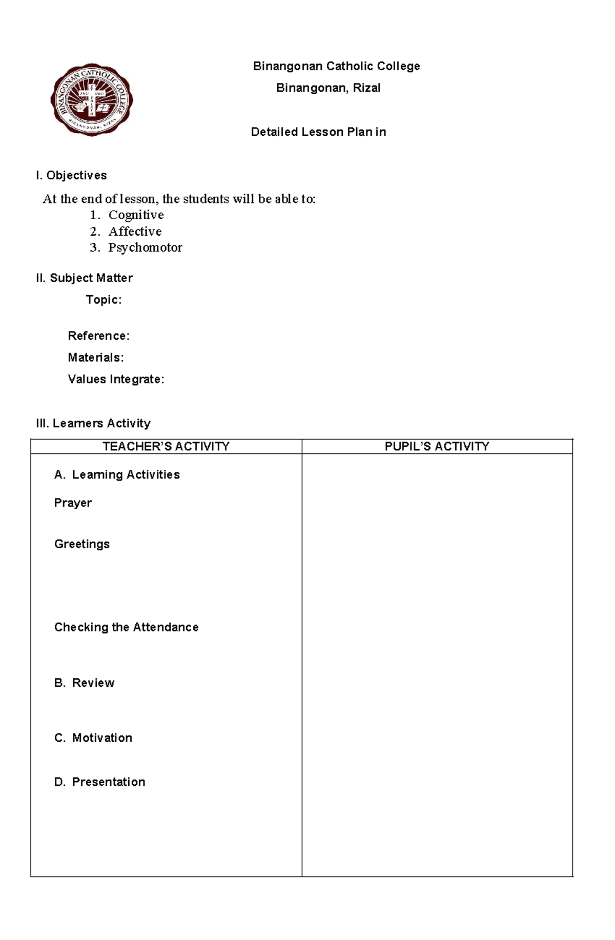 Parts-lesson-plan - Binangonan Catholic College Binangonan, Rizal ...