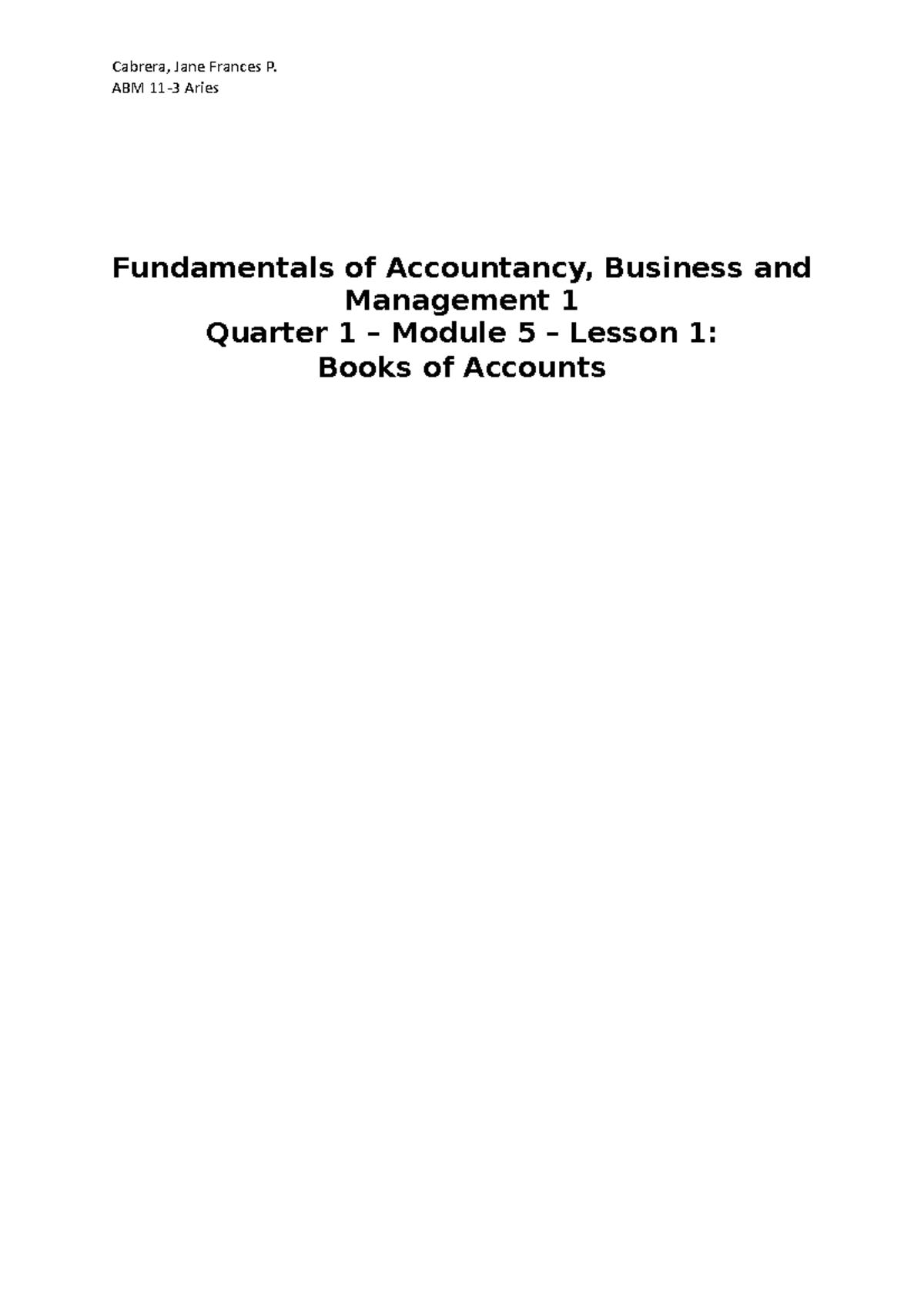 FABM1 Quarter 3 Module 5 - Lesson on Books of Accounts - Studocu