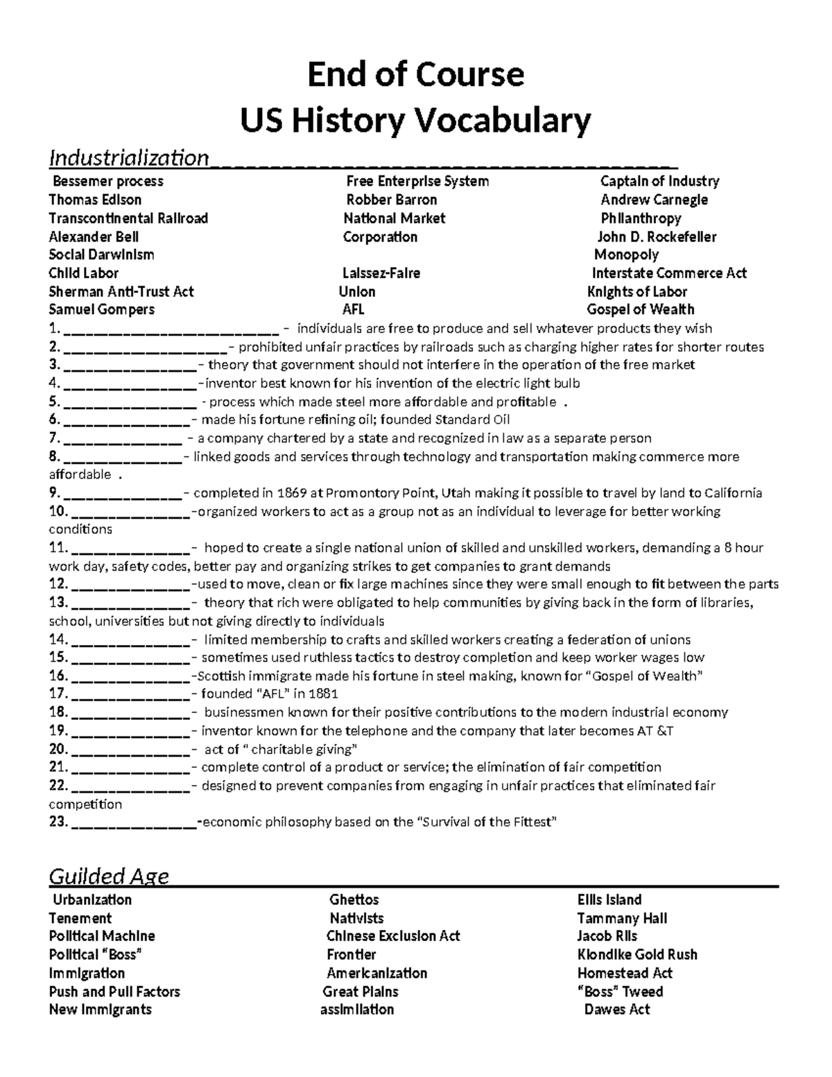 US History STAAR Vocabulary Review: Key Terms and Concepts - Studocu