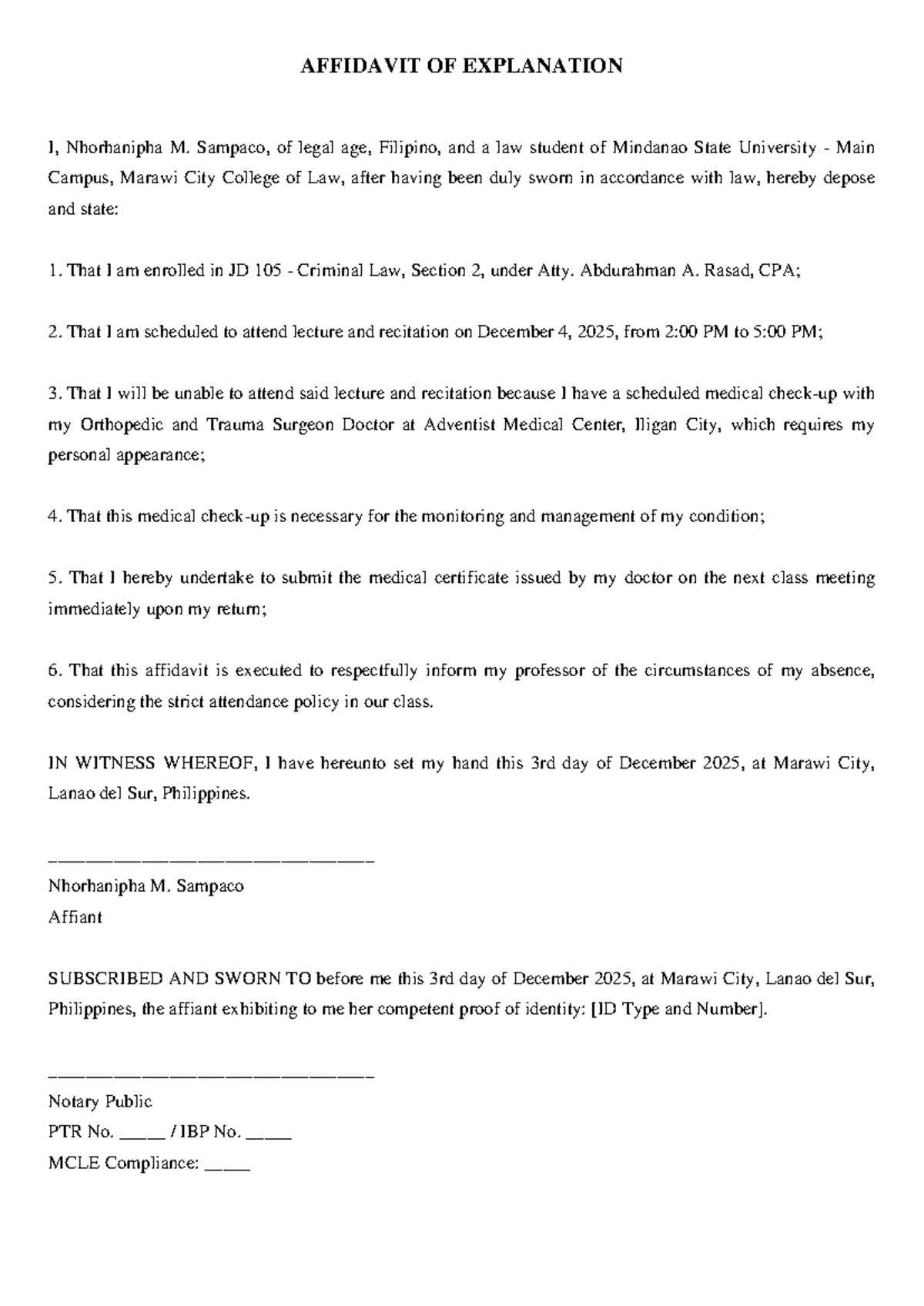 JD 105 Affidavit of Explanation for Class Absence - Studocu