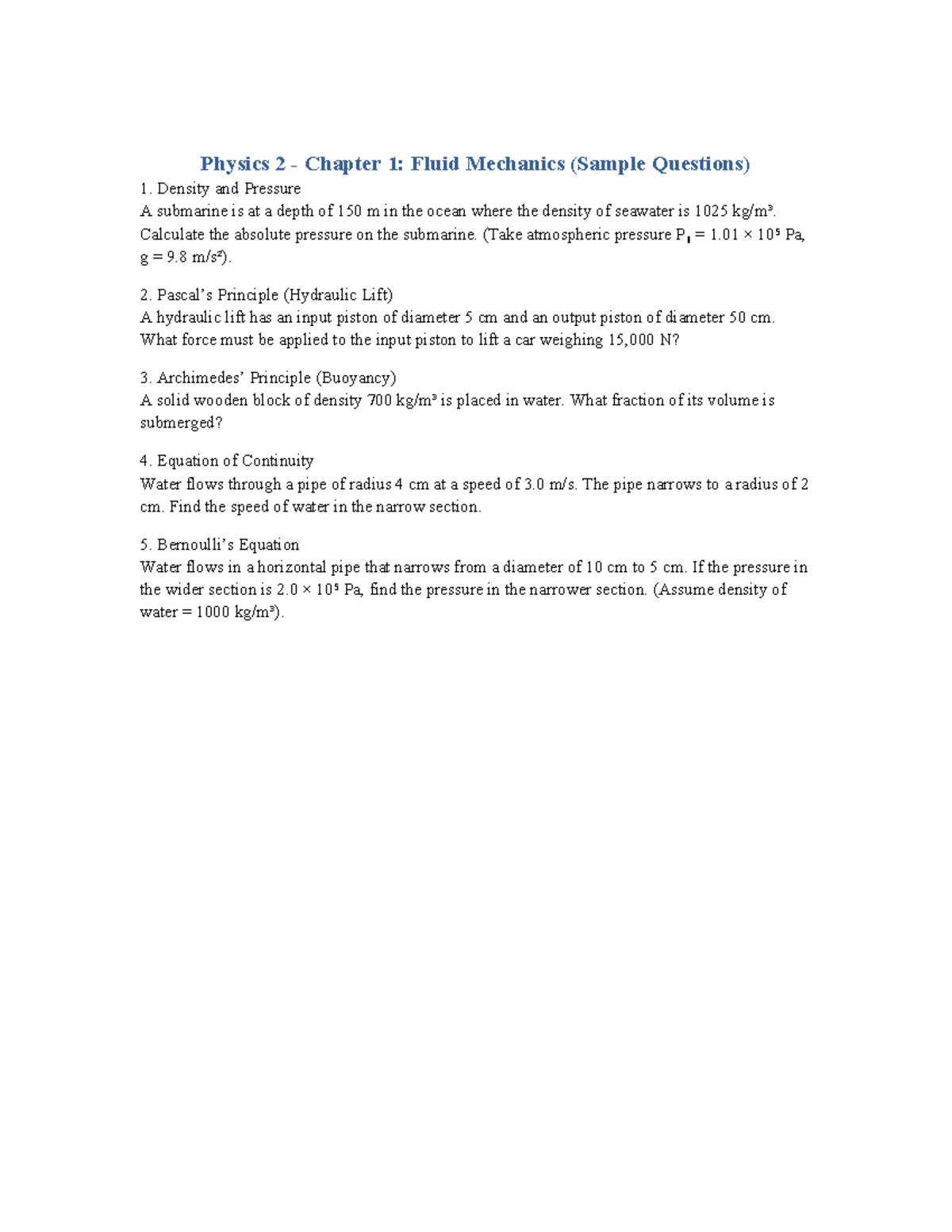 Physics 2 Chapter 1: Fluid Mechanics Sample Questions & Solutions - Studocu