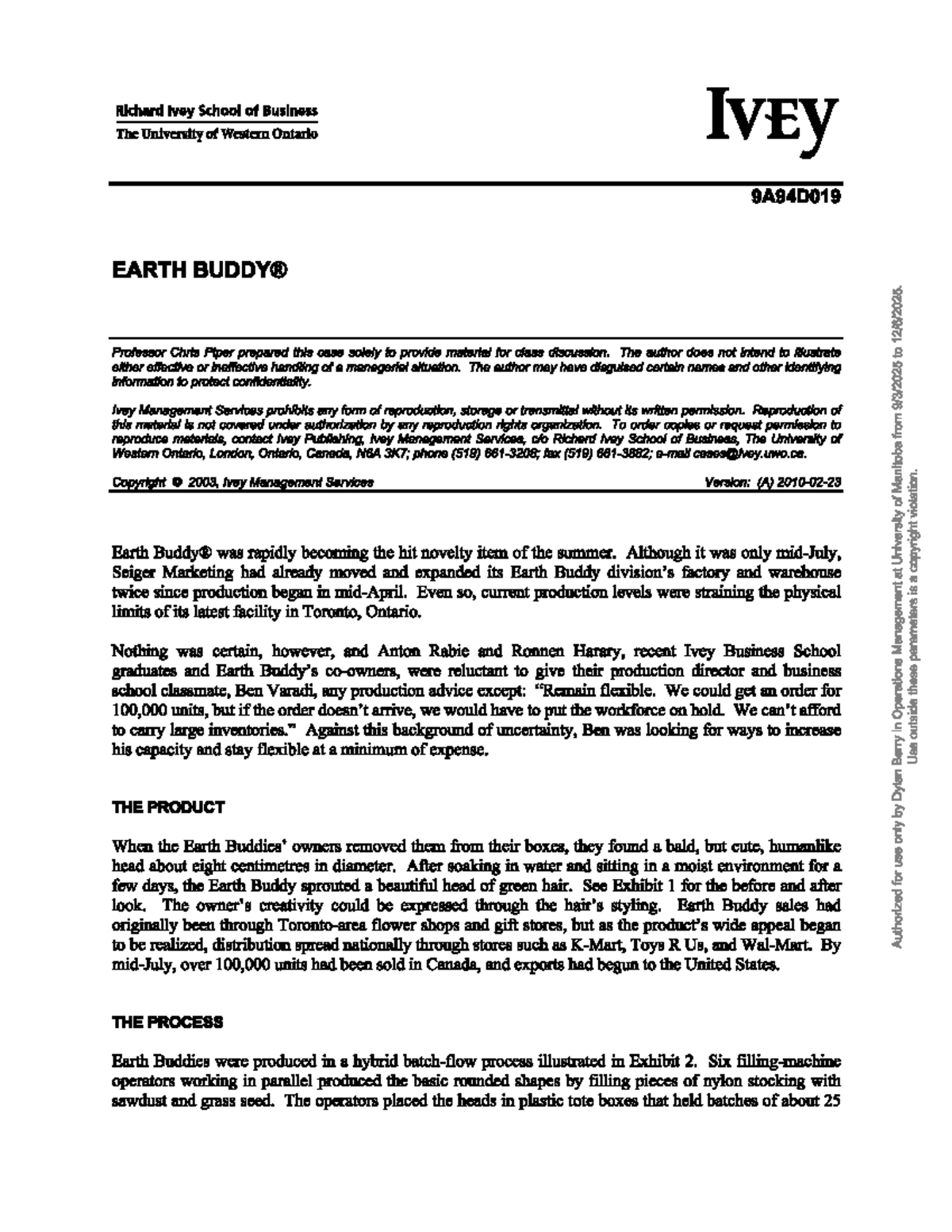 IVEY 9A94D019 Case Study: Earth Buddy Production Challenges - Studocu