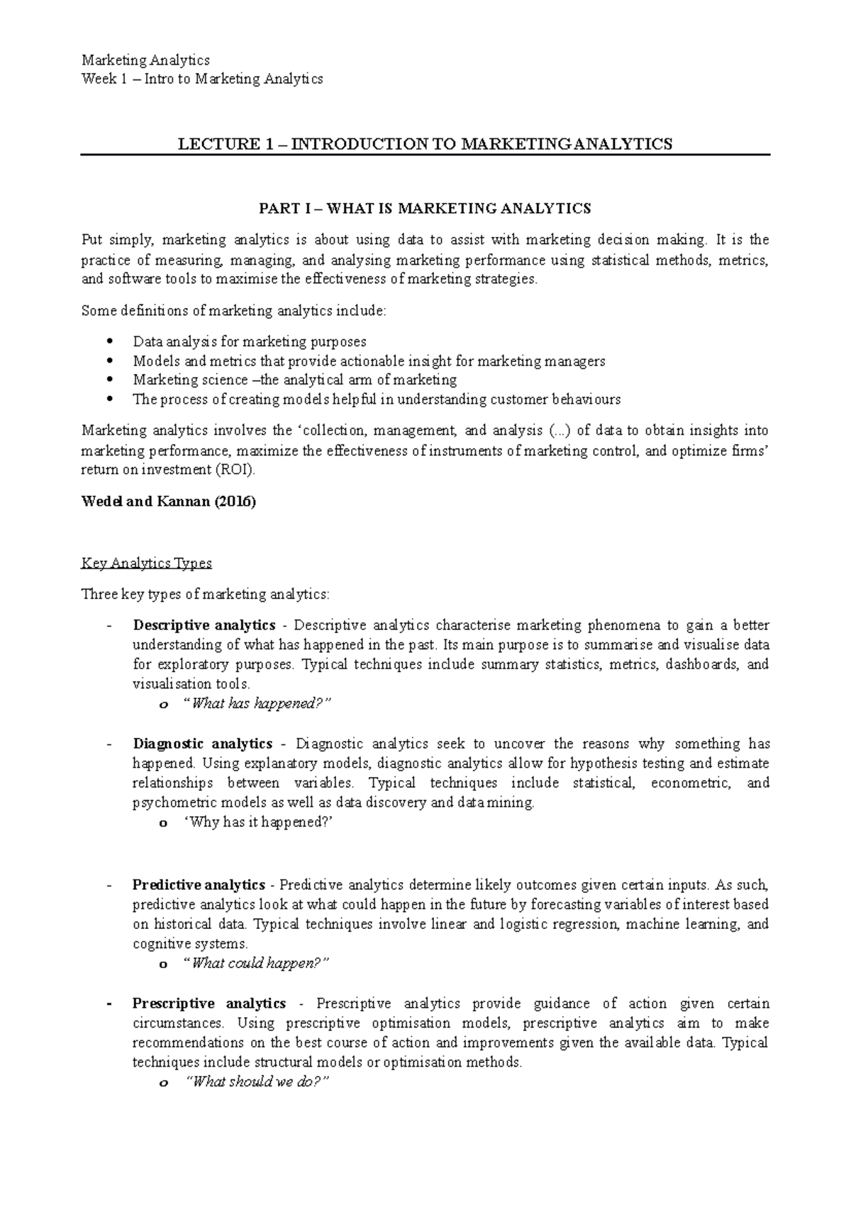 Week 1 - Lecture on Marketing Analytics Fundamentals and Metrics - Studocu
