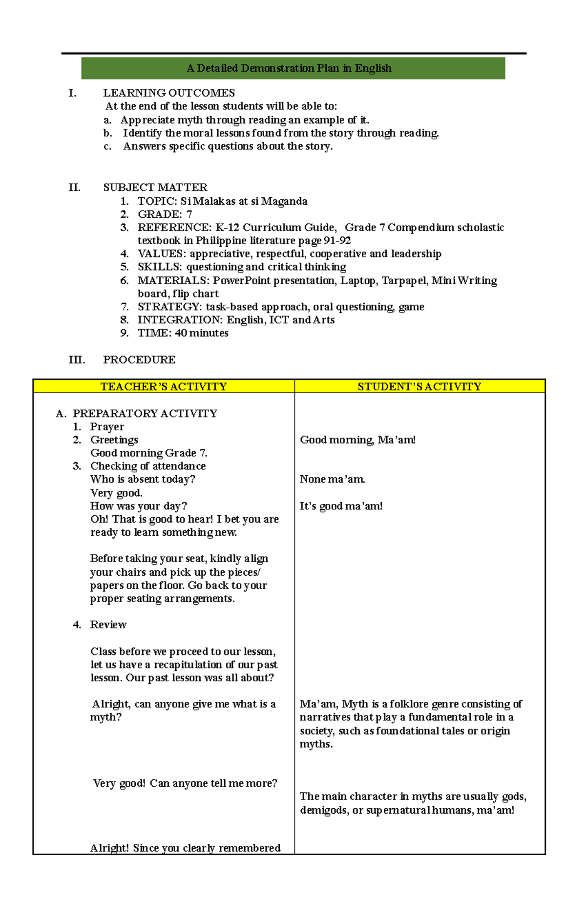 Learning Outcomes - LESSON PLAN FOR TEACHING KIDS VALUES - I. LEARNING ...