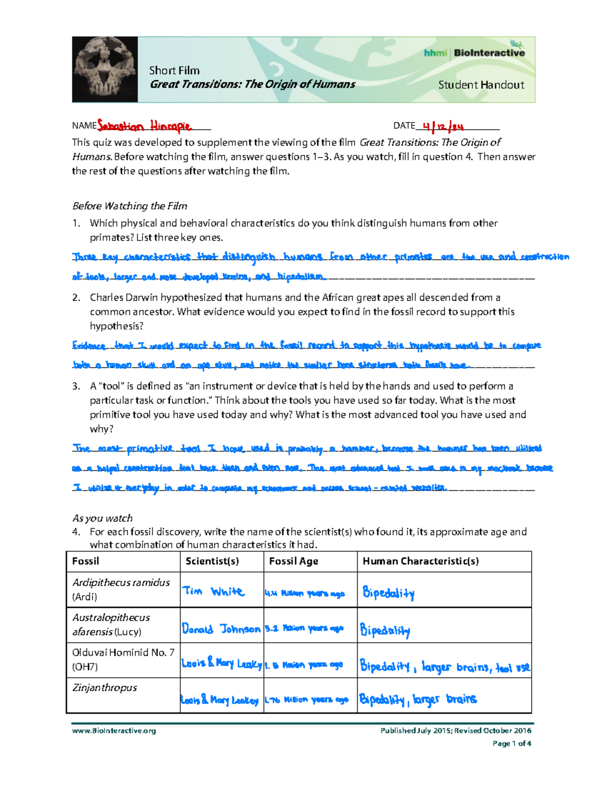Assignment 5: Quiz on Great Transitions & Human Origins - Studocu