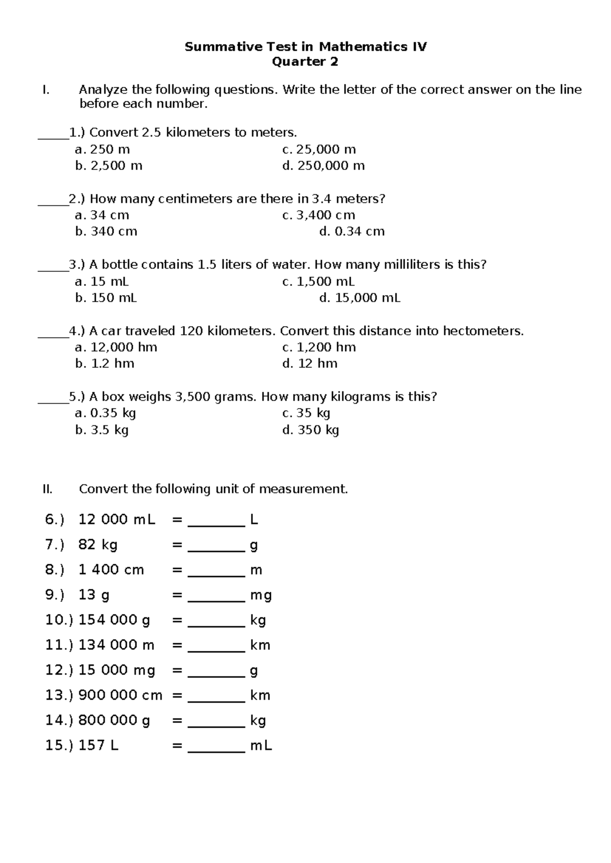Summative Test No.2 in Math IV: Unit Conversion Questions - Studocu