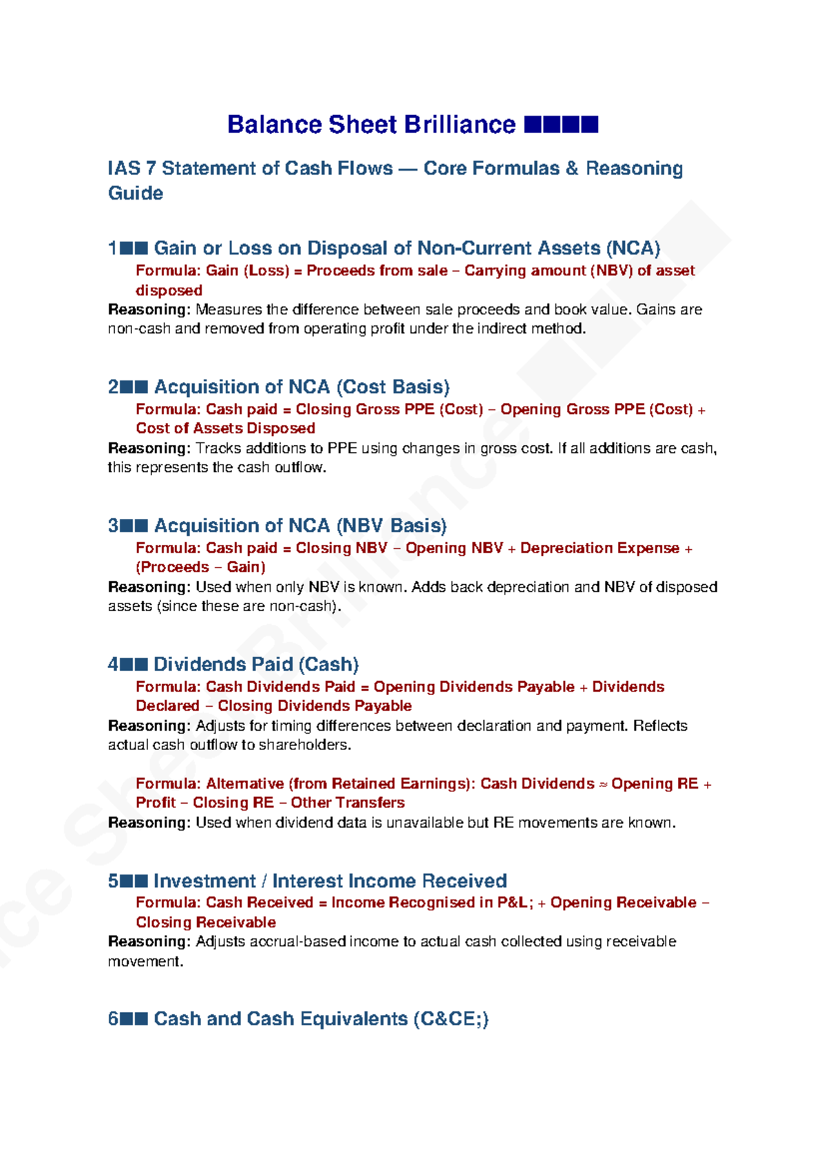 IAS 7 Cash Flow Statement Core Formulas and Gain/Loss on NCA - Studocu