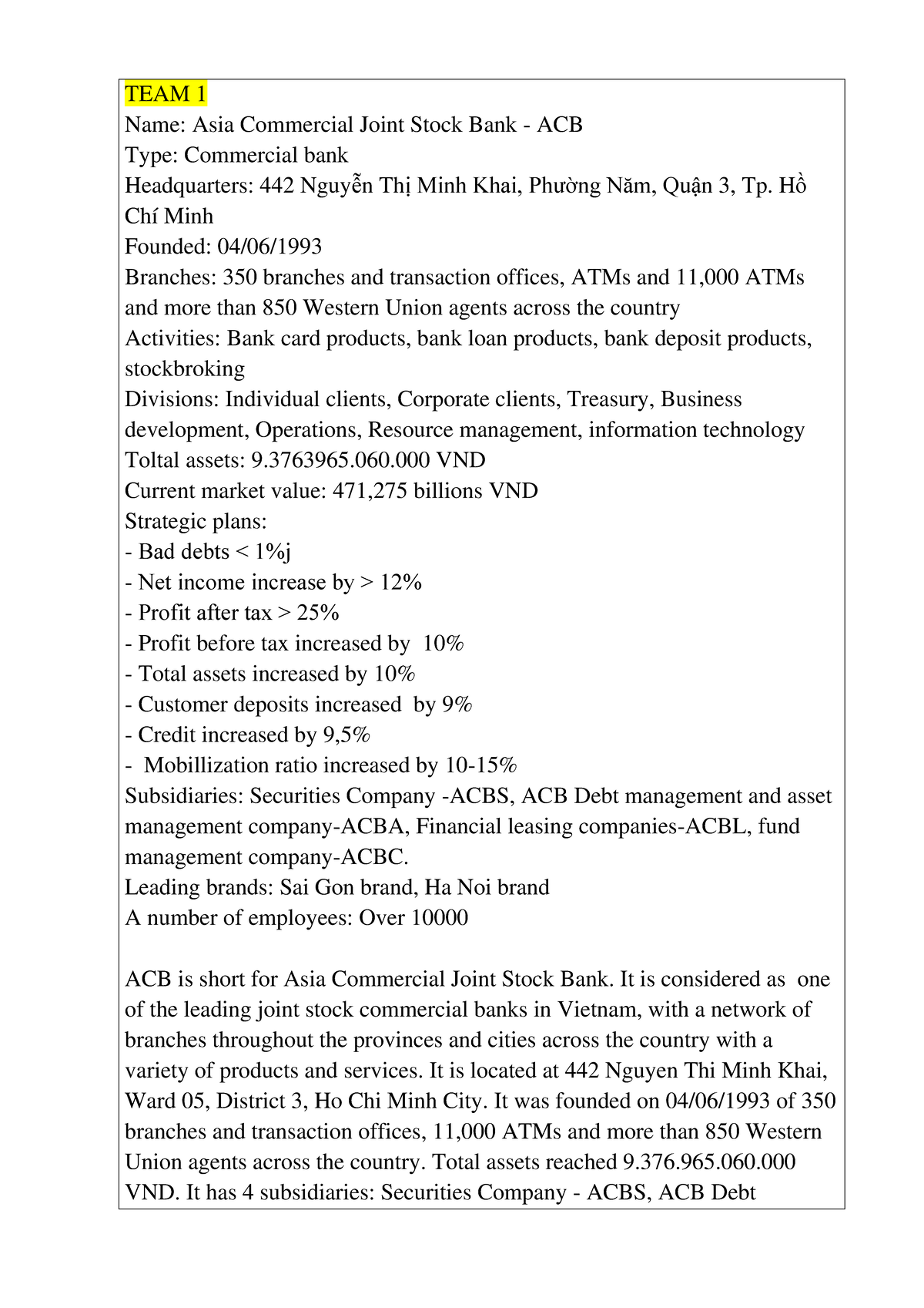 E4 - bank profile - TEAM 1 Name: Asia Commercial Joint Stock Bank - ACB ...