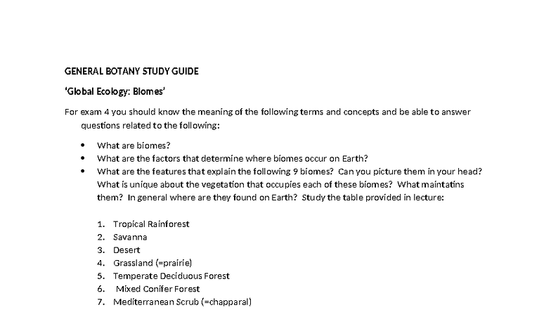 GENERAL BOTANY STUDY GUIDE: Biomes for Exam 4 - Studocu