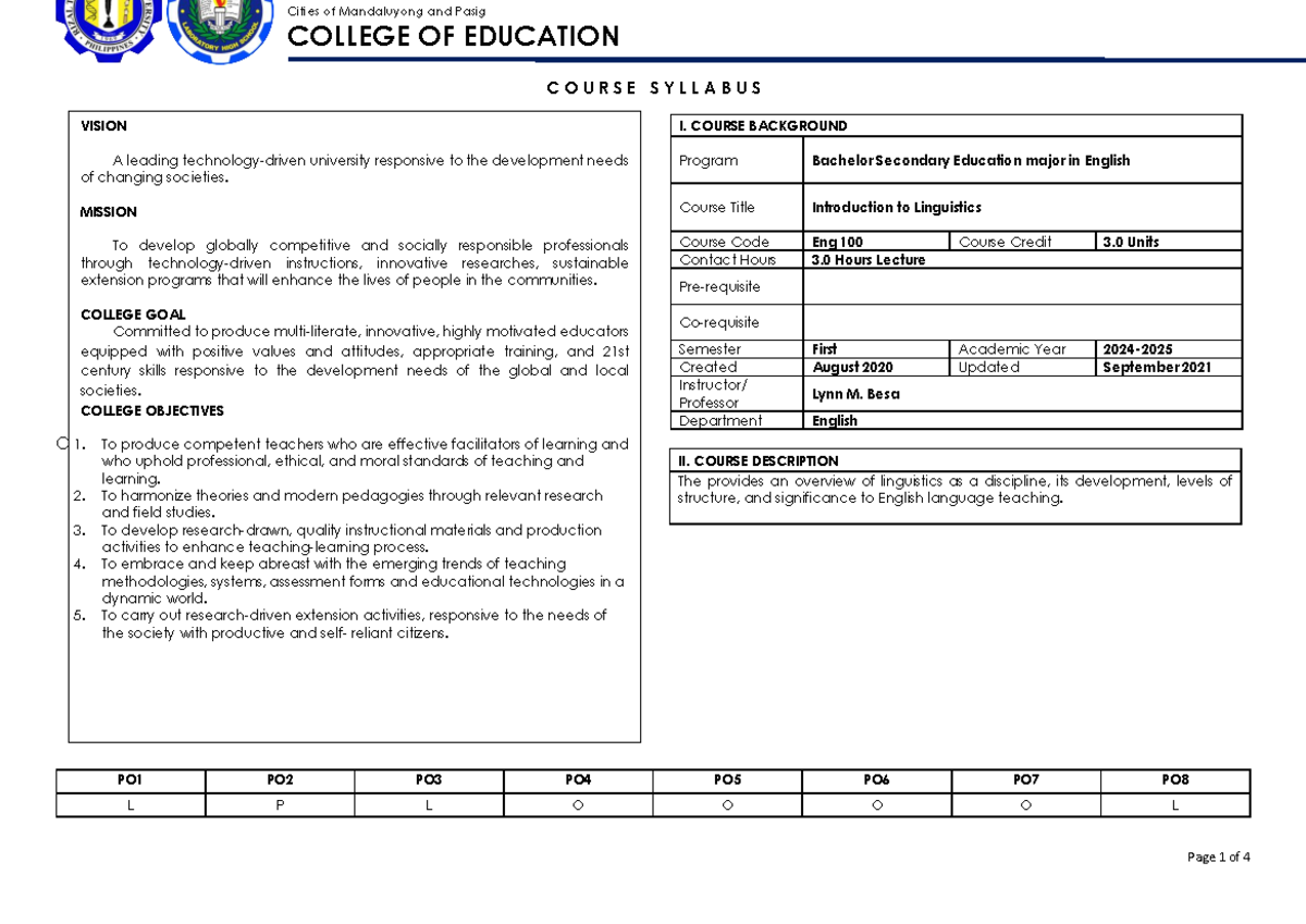 Syllabus for Eng 100: Introduction to Linguistics (1st Sem 2024) - Studocu