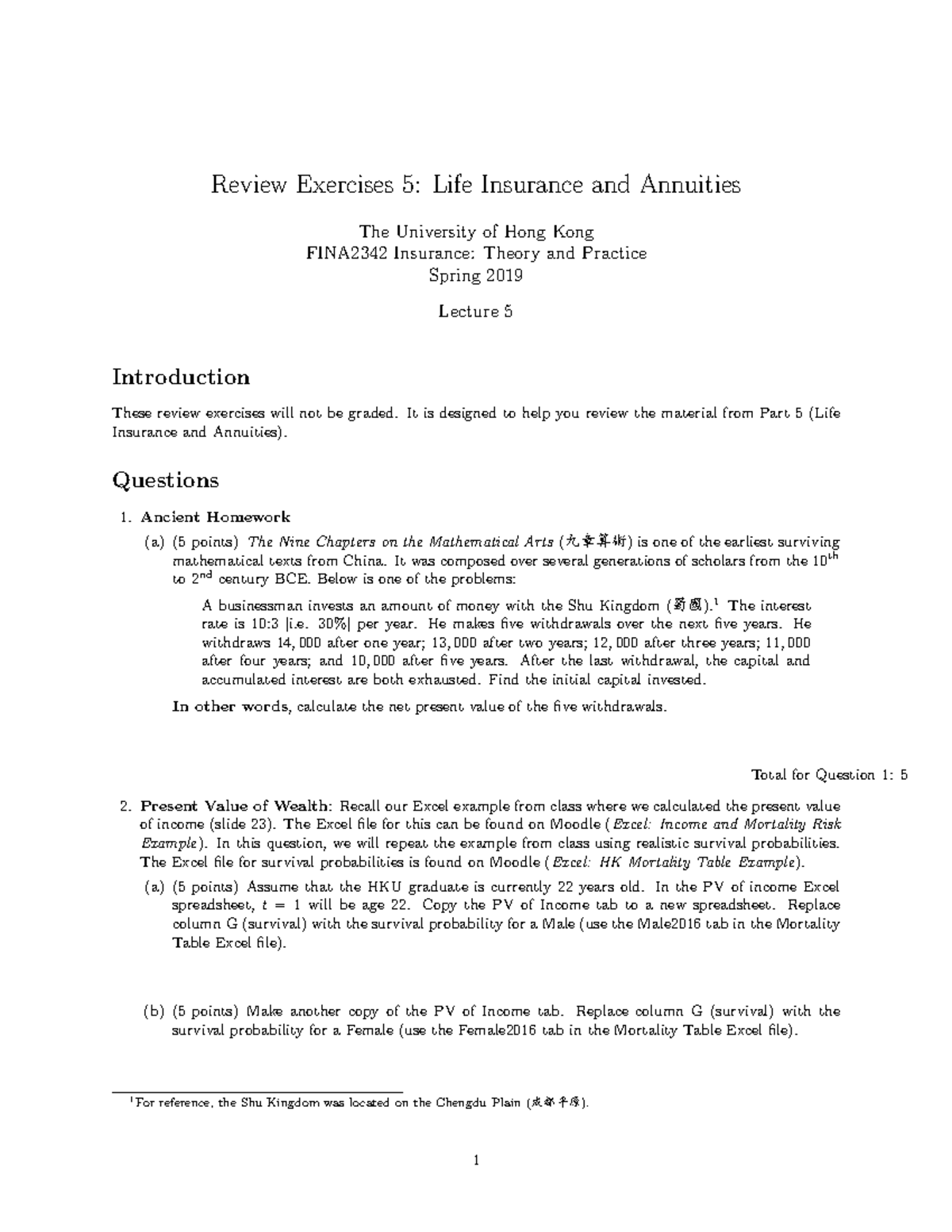 Homework 5 life insurance - Review Exercises 5: Life Insurance and ...