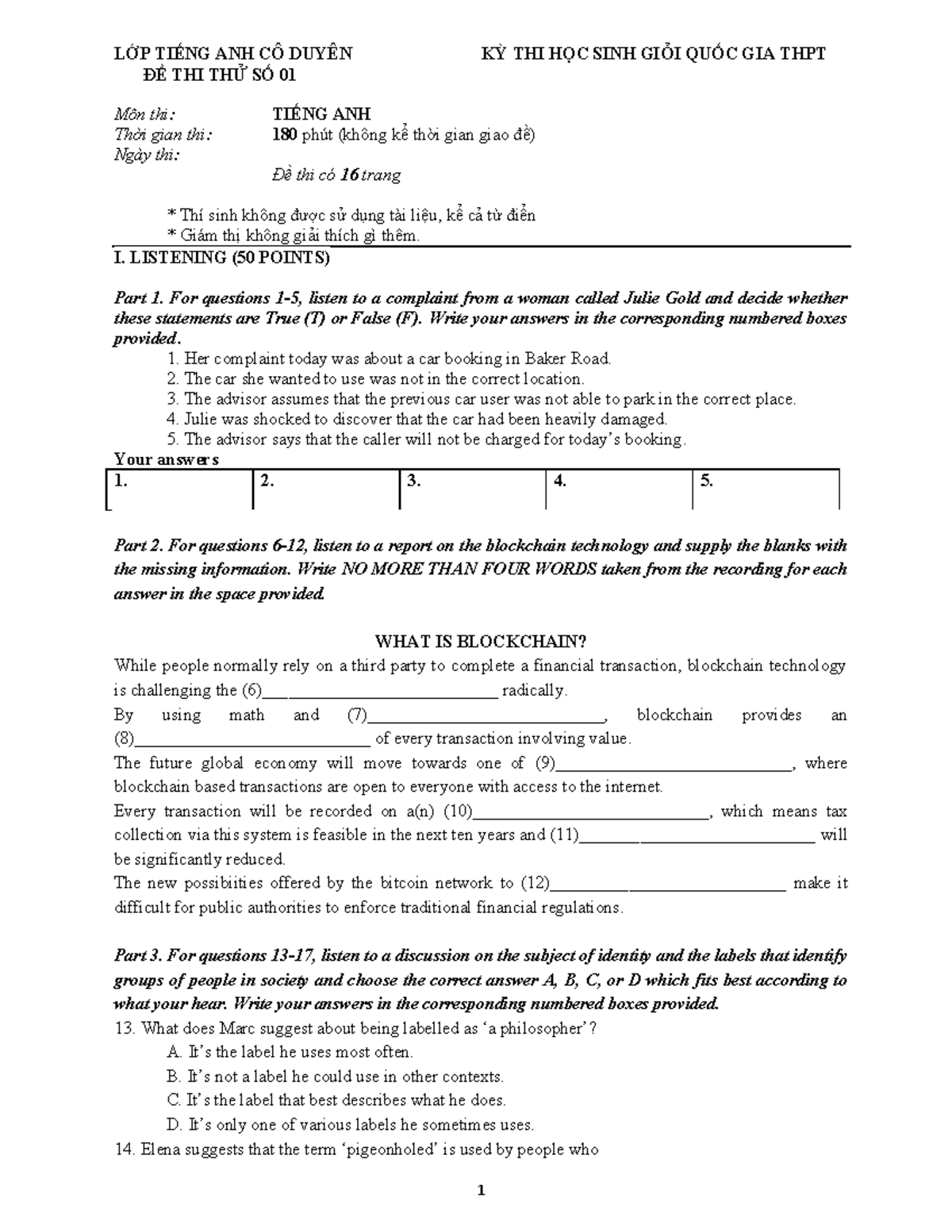 MOCK TEST 4 - Comprehensive Training for National English Contest - Studocu