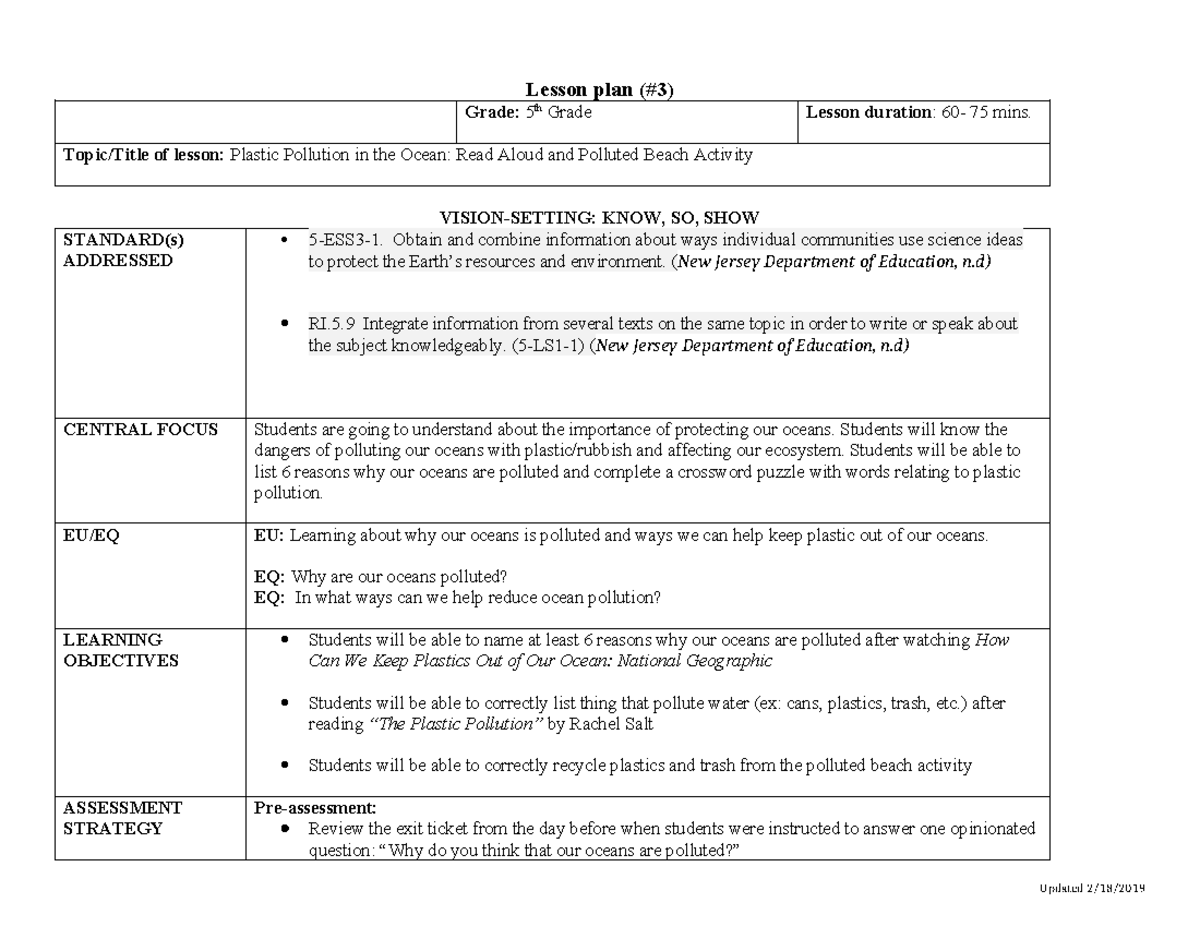 D187 Lesson Plan: 5th Grade on Plastic Pollution in the Ocean - Studocu