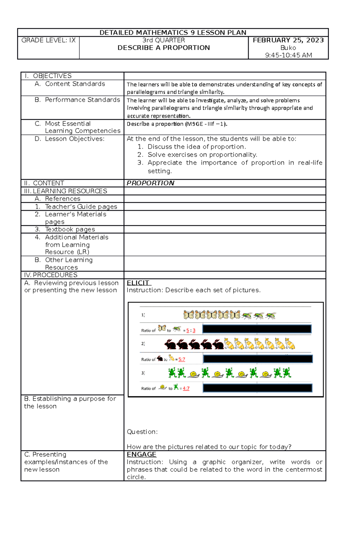 Mathematics 9 Lesson Plan: Understanding Proportions (M9GE - IIIf - 1 ...