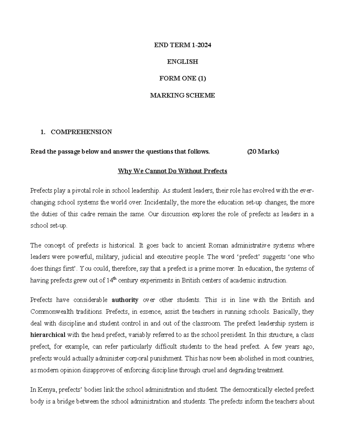 Form 1 English - Marking Scheme for End Term 1 Exam - Studocu