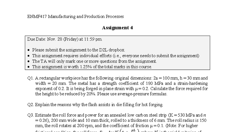 ENMF417 Manufacturing & Production Processes: Assignment 4 Guide - Studocu