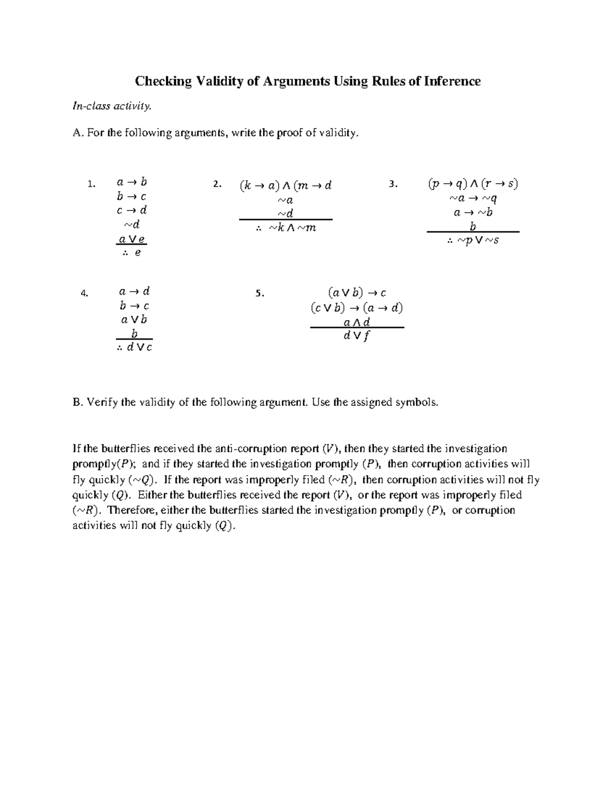 Constructing Proof of Validity: Rules of Inference Activity - Studocu